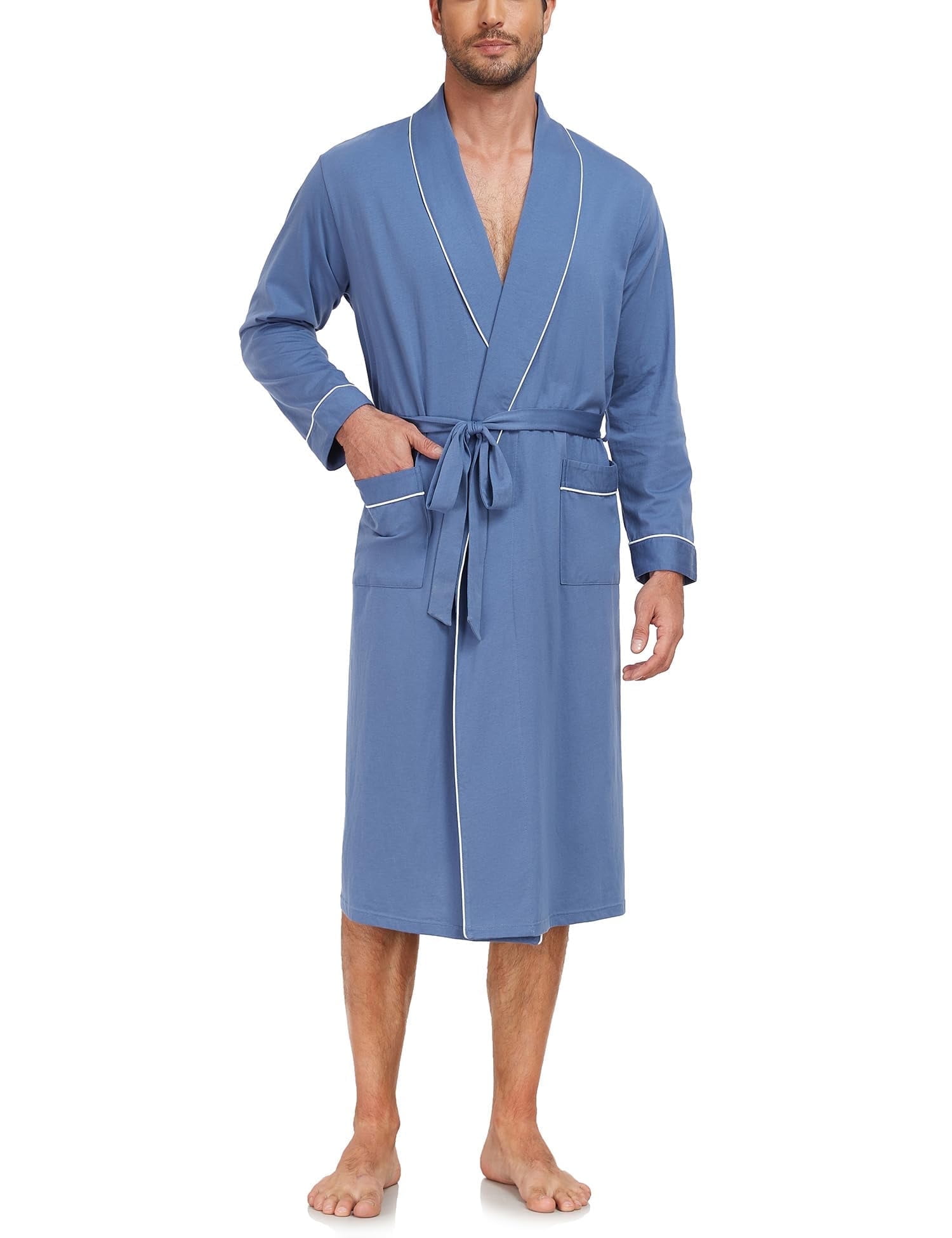ANLIQI Mens Robe Lightweight 100% Cotton Summer Bathrobe Knit Long ...