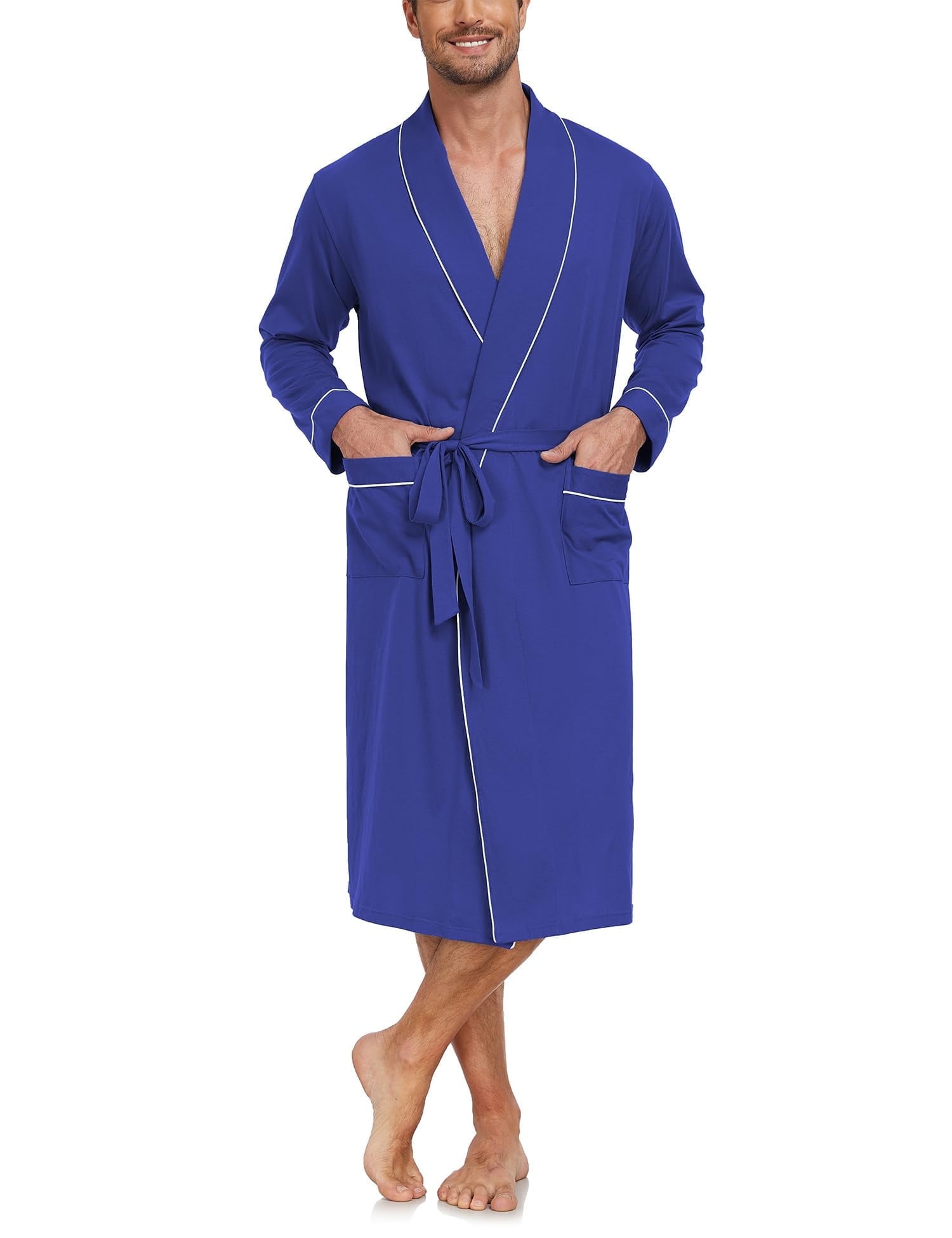 ANLIQI Mens Robe Lightweight 100% Cotton Summer Bathrobe Knit Long Sleeve Kimono Robe with ...
