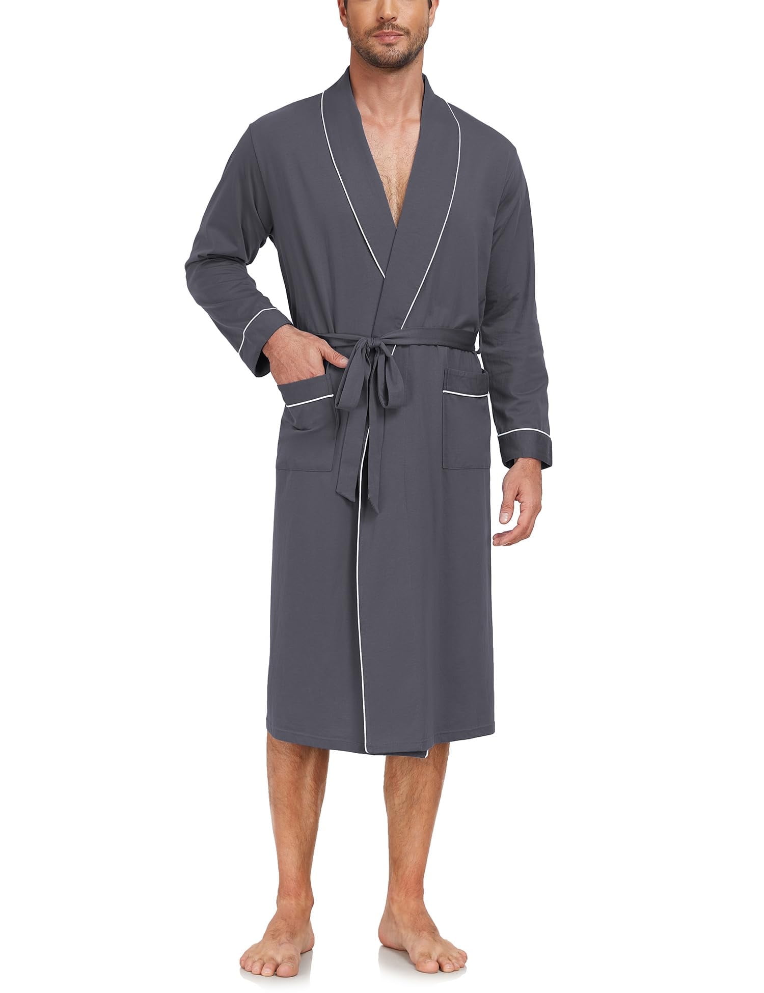 ANLIQI Mens Robe Lightweight 100% Cotton Summer Bathrobe Knit Long Sleeve Kimono Robe with ...