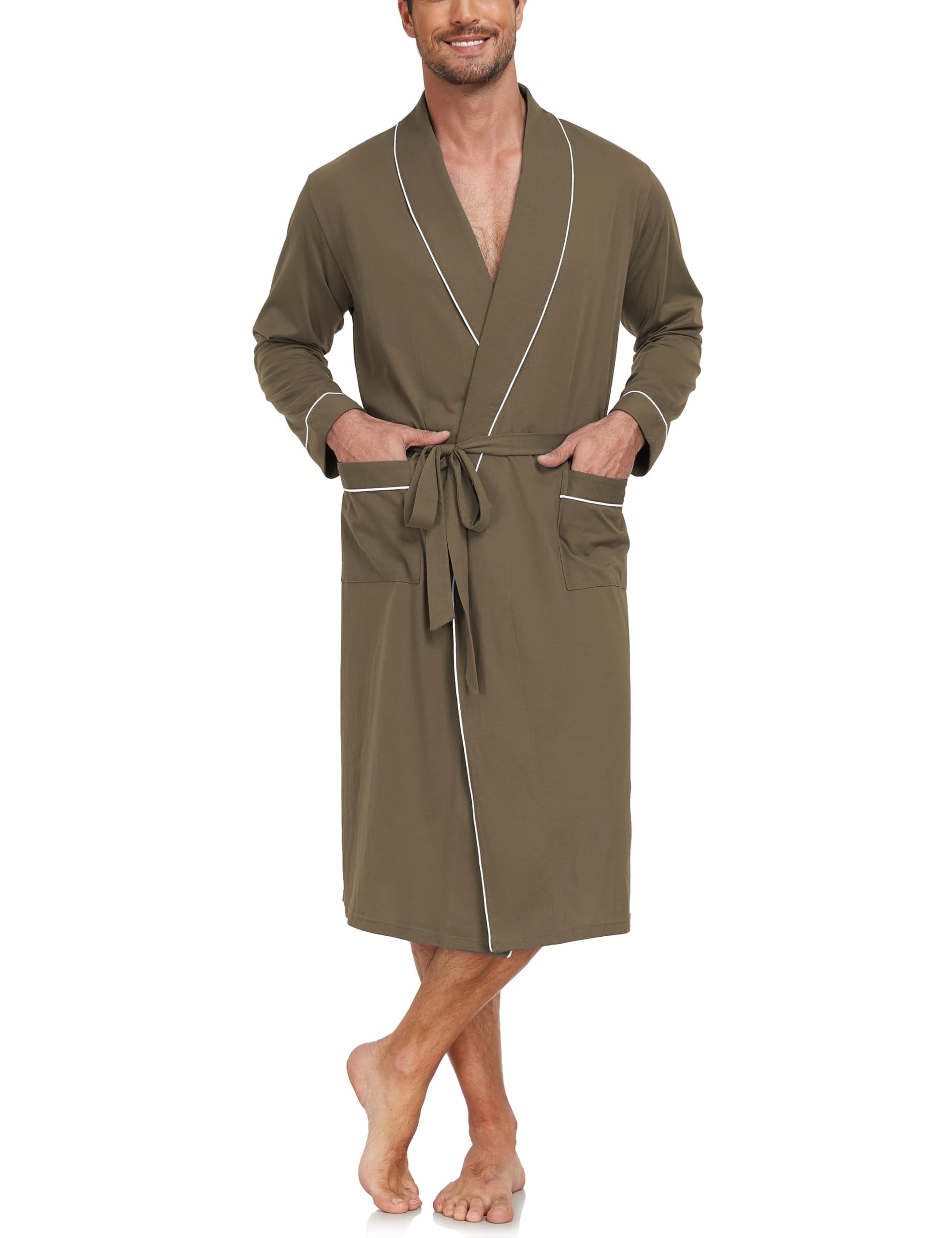 ANLIQI Mens Robe Lightweight 100% Cotton Summer Bathrobe Knit Long Sleeve Kimono Robe with ...