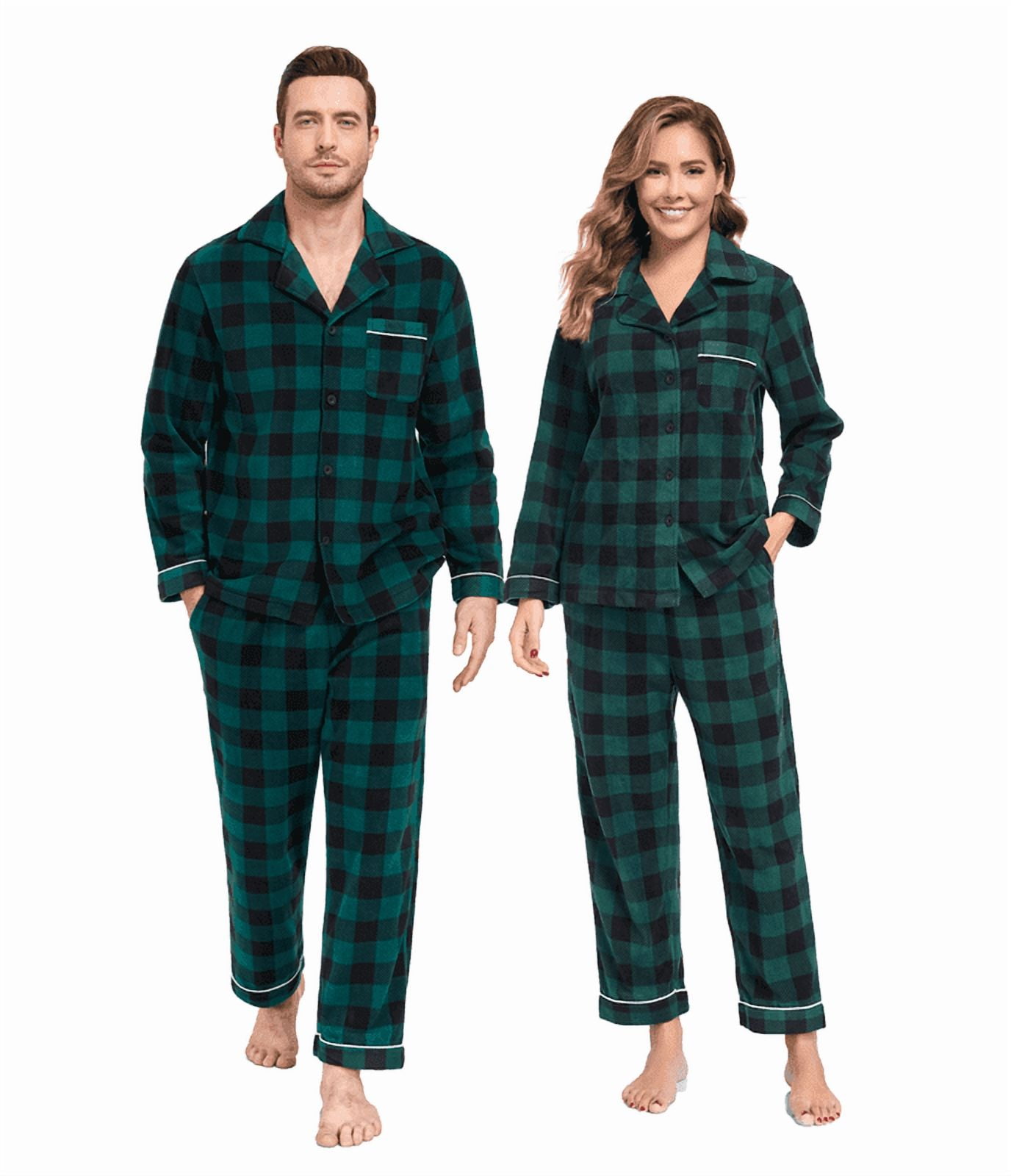 ANLIQI Warm Couples' Christmas Pajamas Plaid Flannel Button-Down Set ...