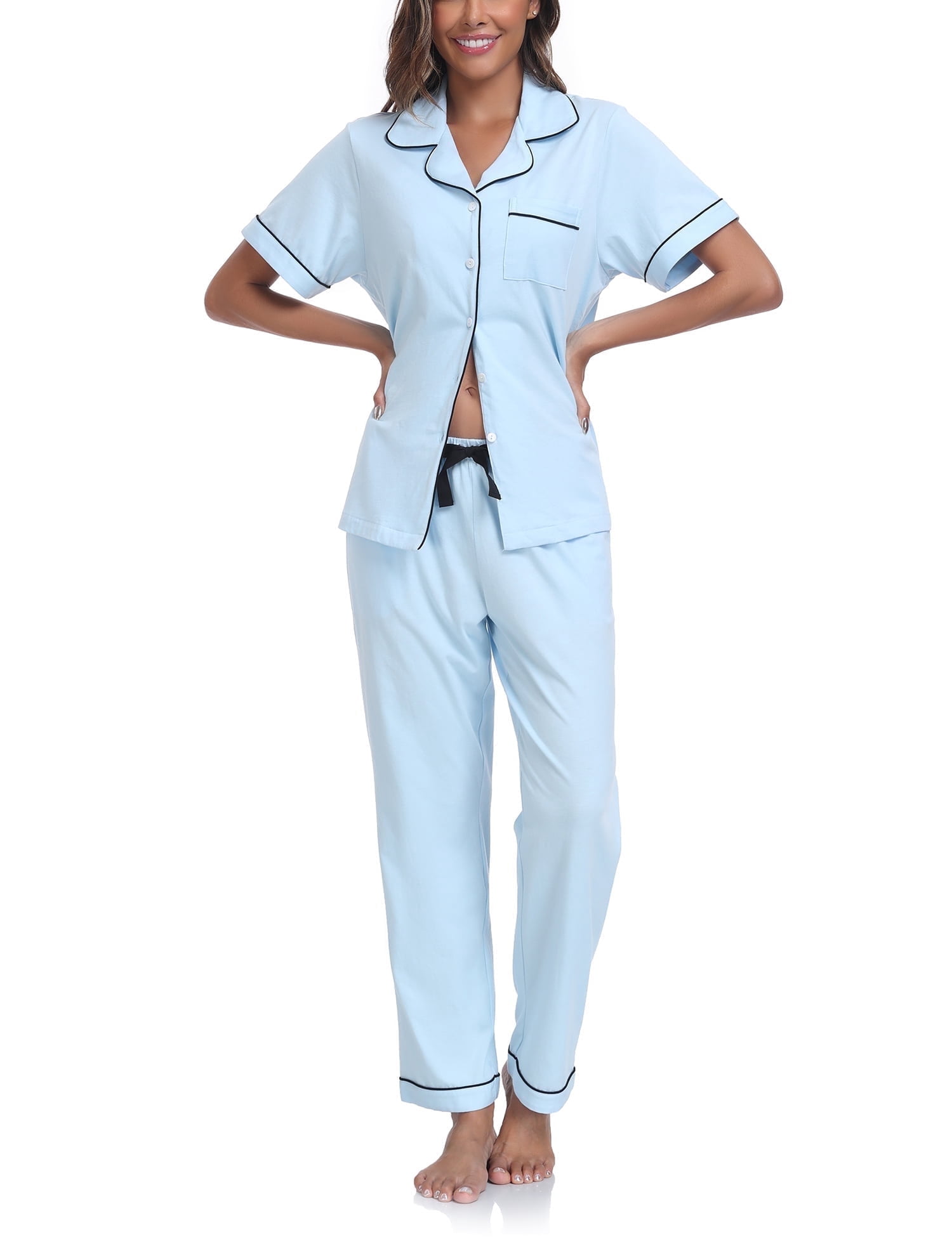 ANLIQI Women's 100% Cotton Pajama Set Button Down Short Sleeve Shirt ...