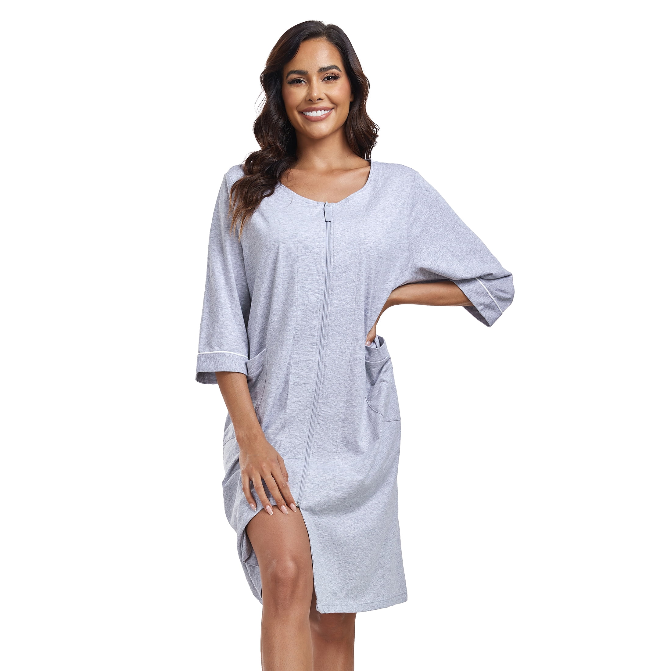 ANLIQI Women's 100% Cotton Robe Lightweight 3/4 Sleeve Zip Front Robes ...