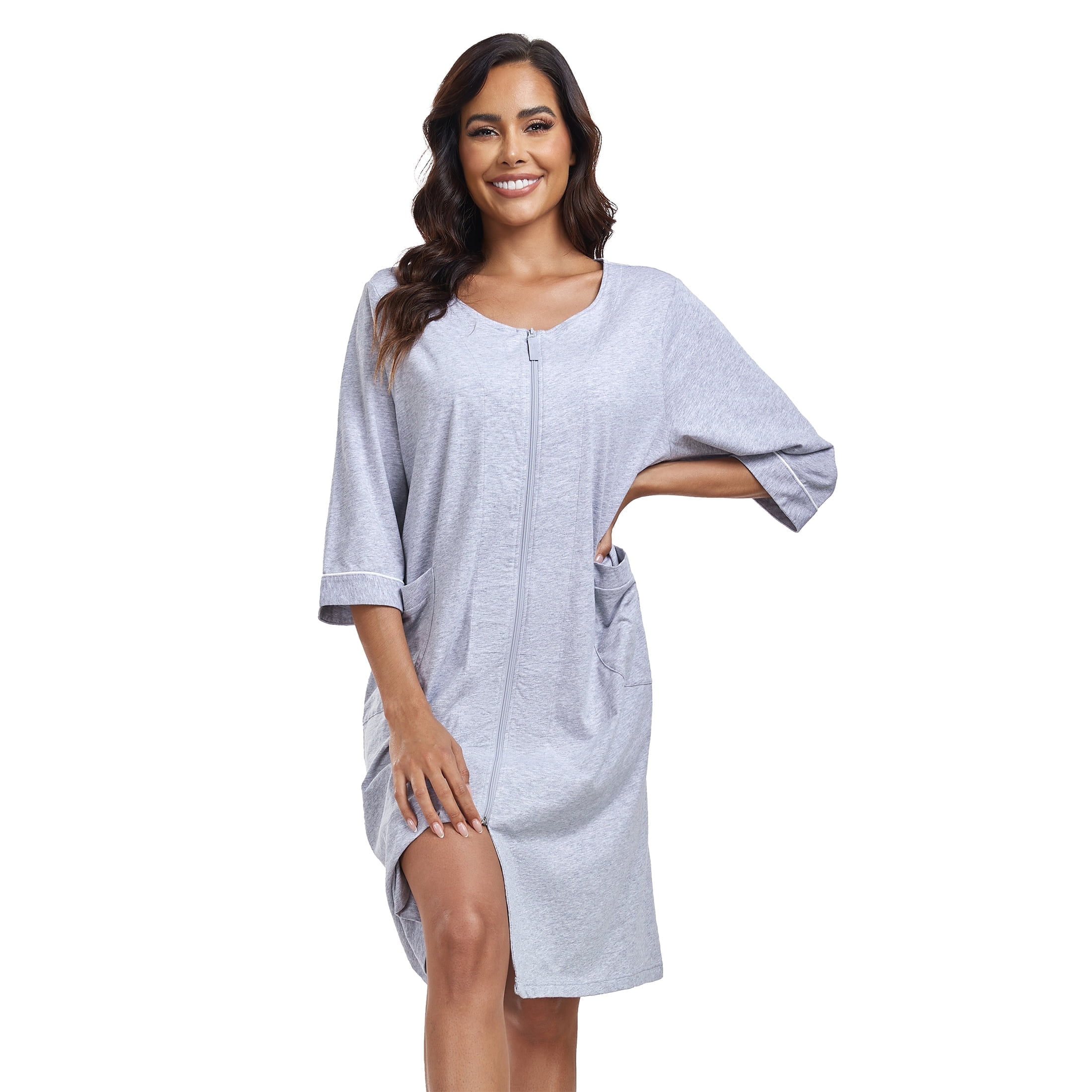 ANLIQI Women's 100% Cotton Robe Lightweight 3/4 Sleeve Zip Front Robes ...