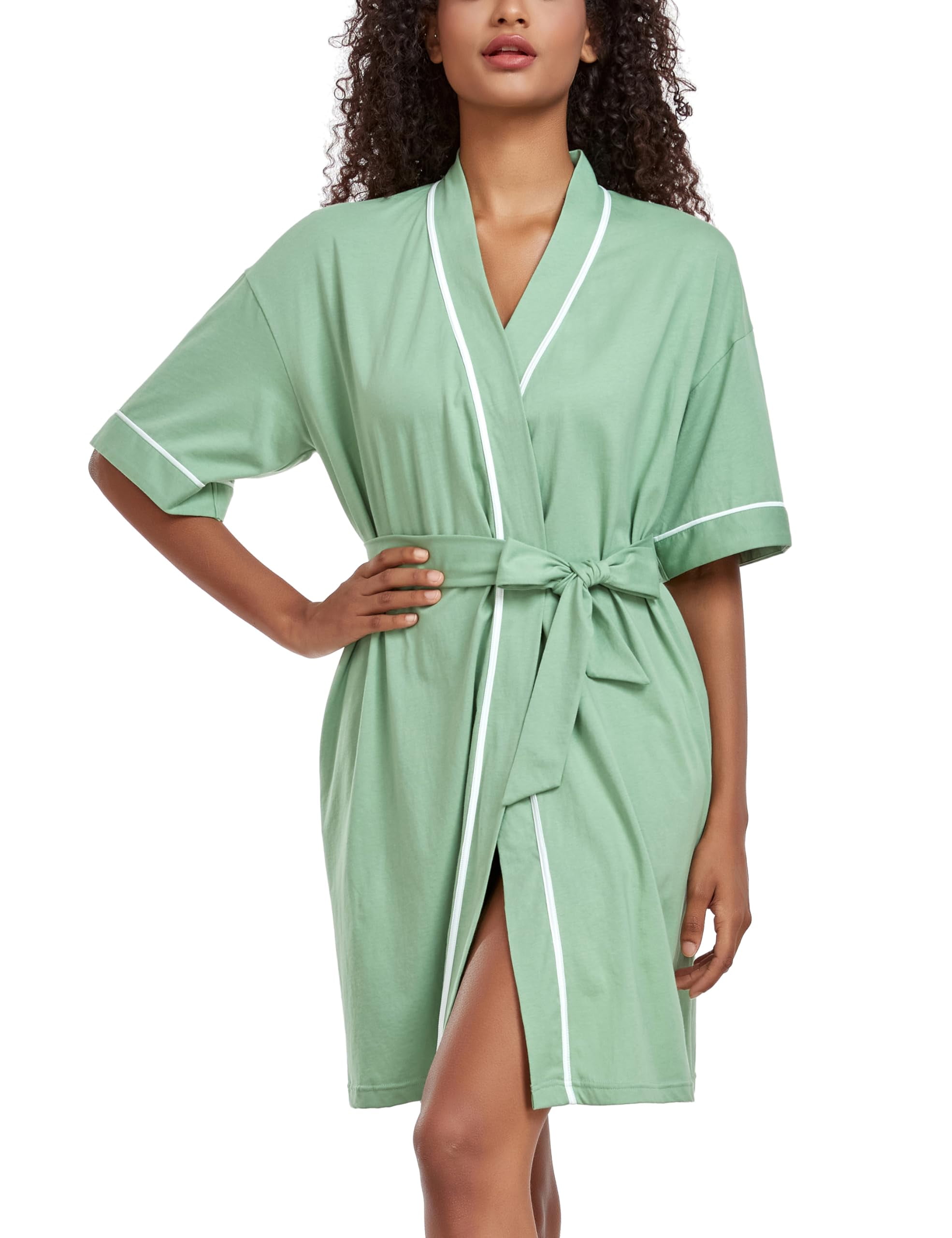 ANLIQI Women's 100% Cotton Robes Summer Short Sleeve Bathrobe Knee ...