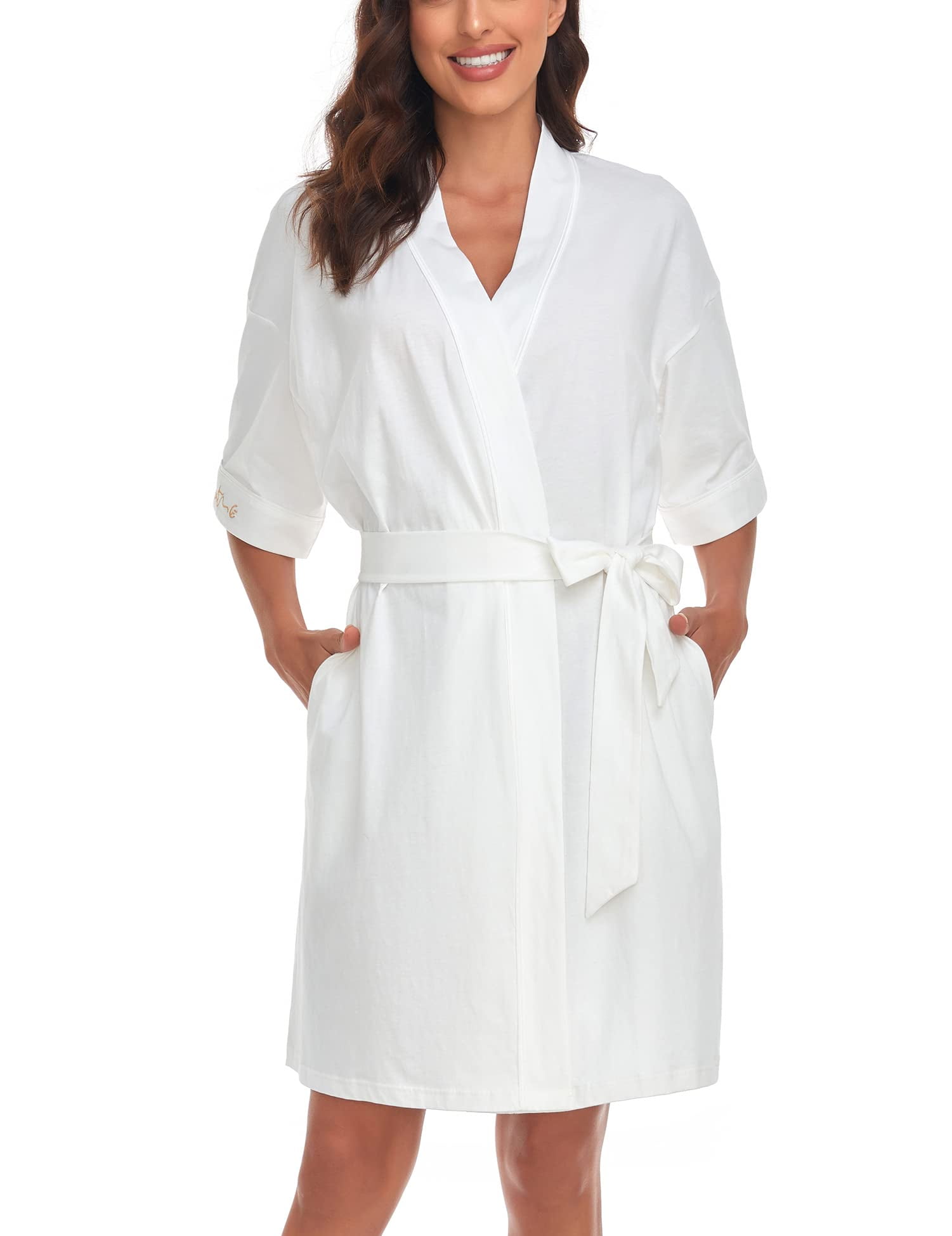 ANLIQI Women's 100% Cotton Robes Summer Short Sleeve Bathrobe Knee ...