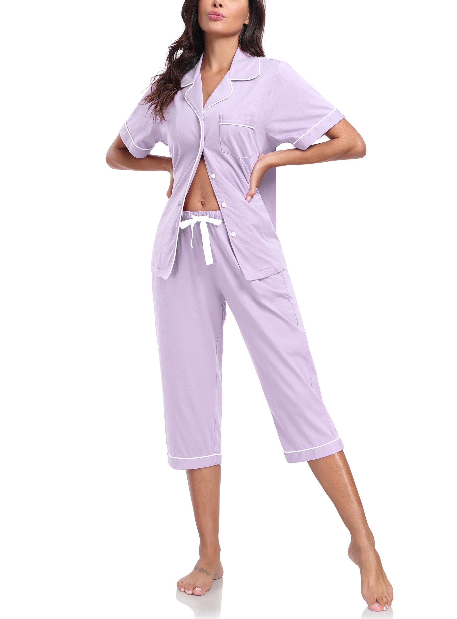 ANLIQI Women's Pajama Sets 100% Cotton Summer Short Sleeve Capri ...