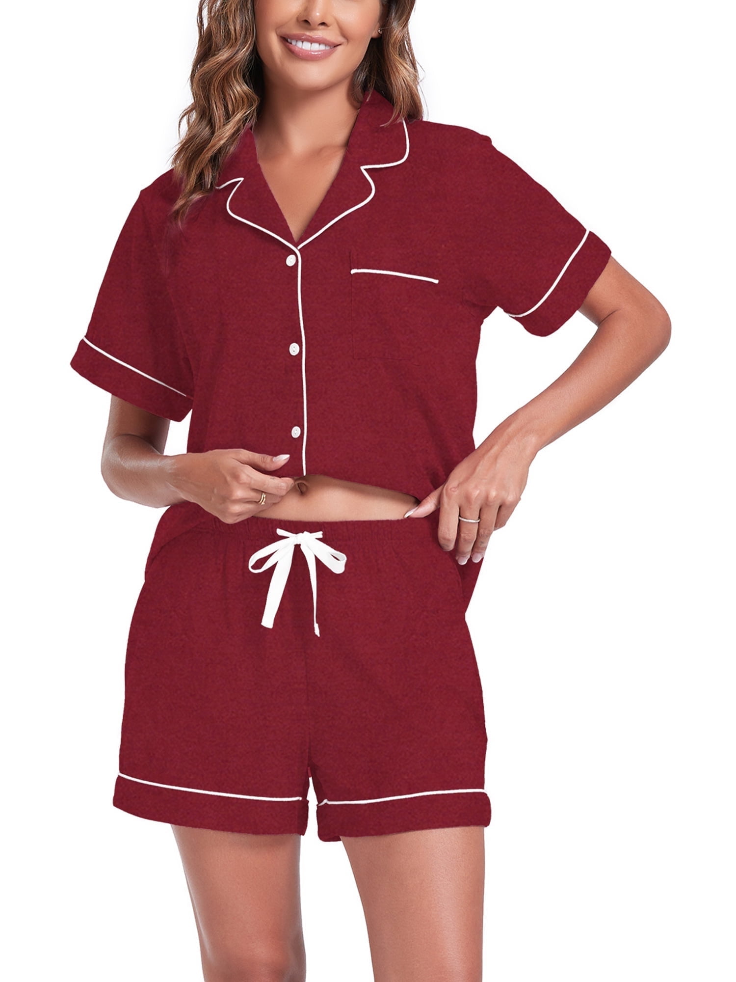 ANLIQI Womens 100% Cotton Pajamas Short Set Soft Short Sleeve Sleepwear ...