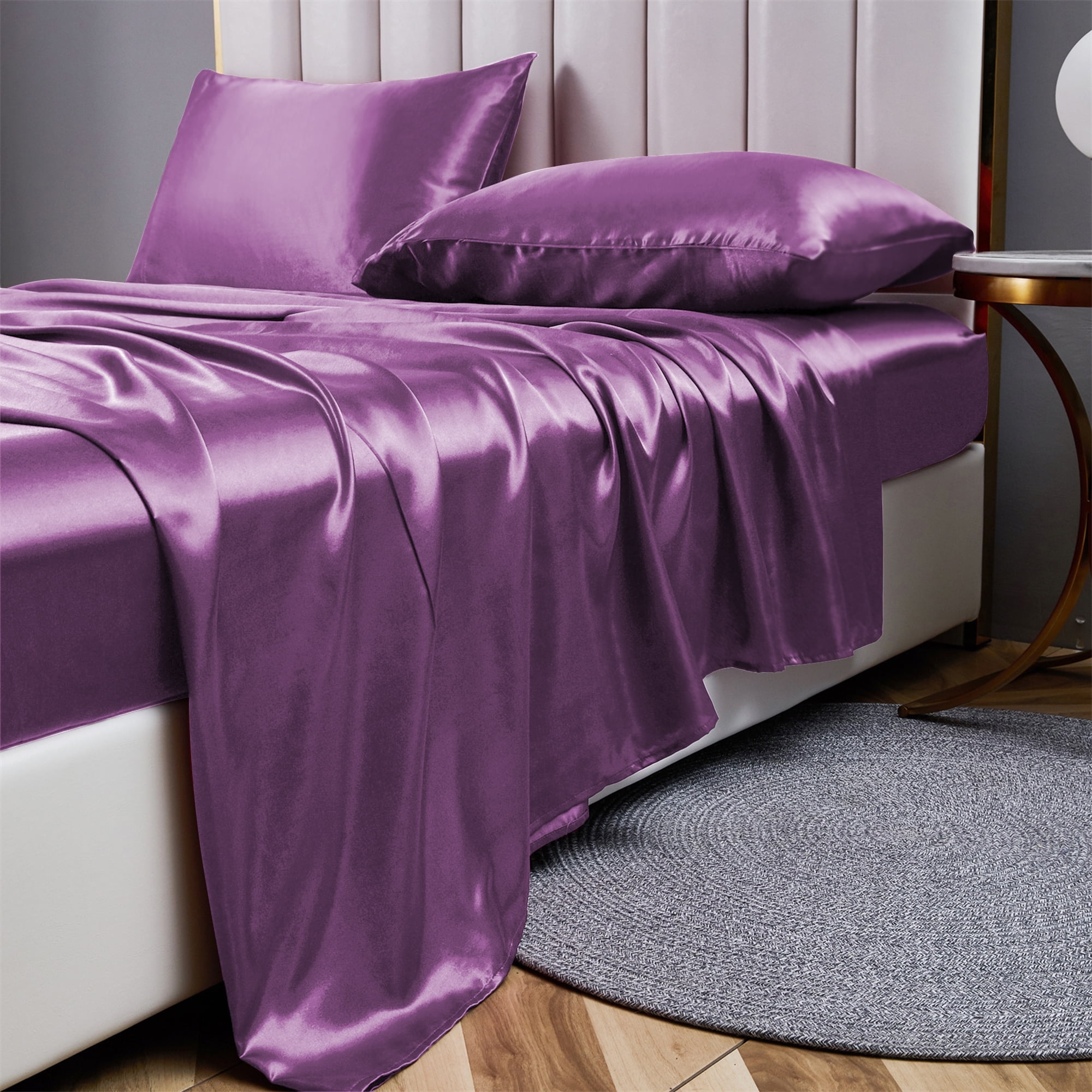 ANMINY 4-Piece Satin Sheets Full Size Lavender Stripe Silk Bed Sheet ...