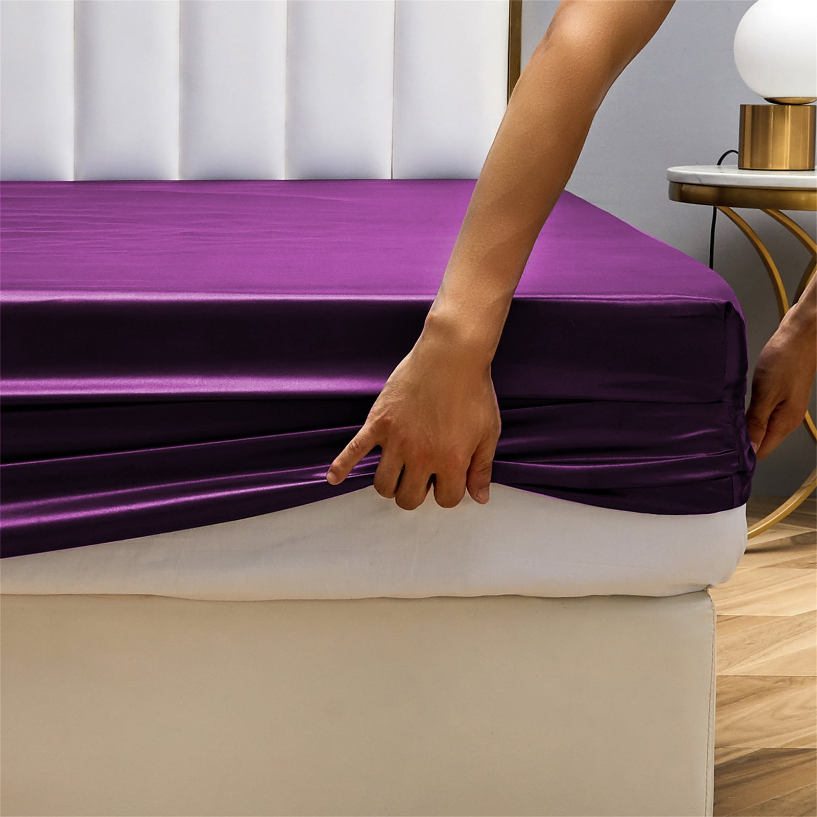 Anminy Fitted Sheet Deep Pocket Bed Sheet Satin Silk Sheets Ultra Soft