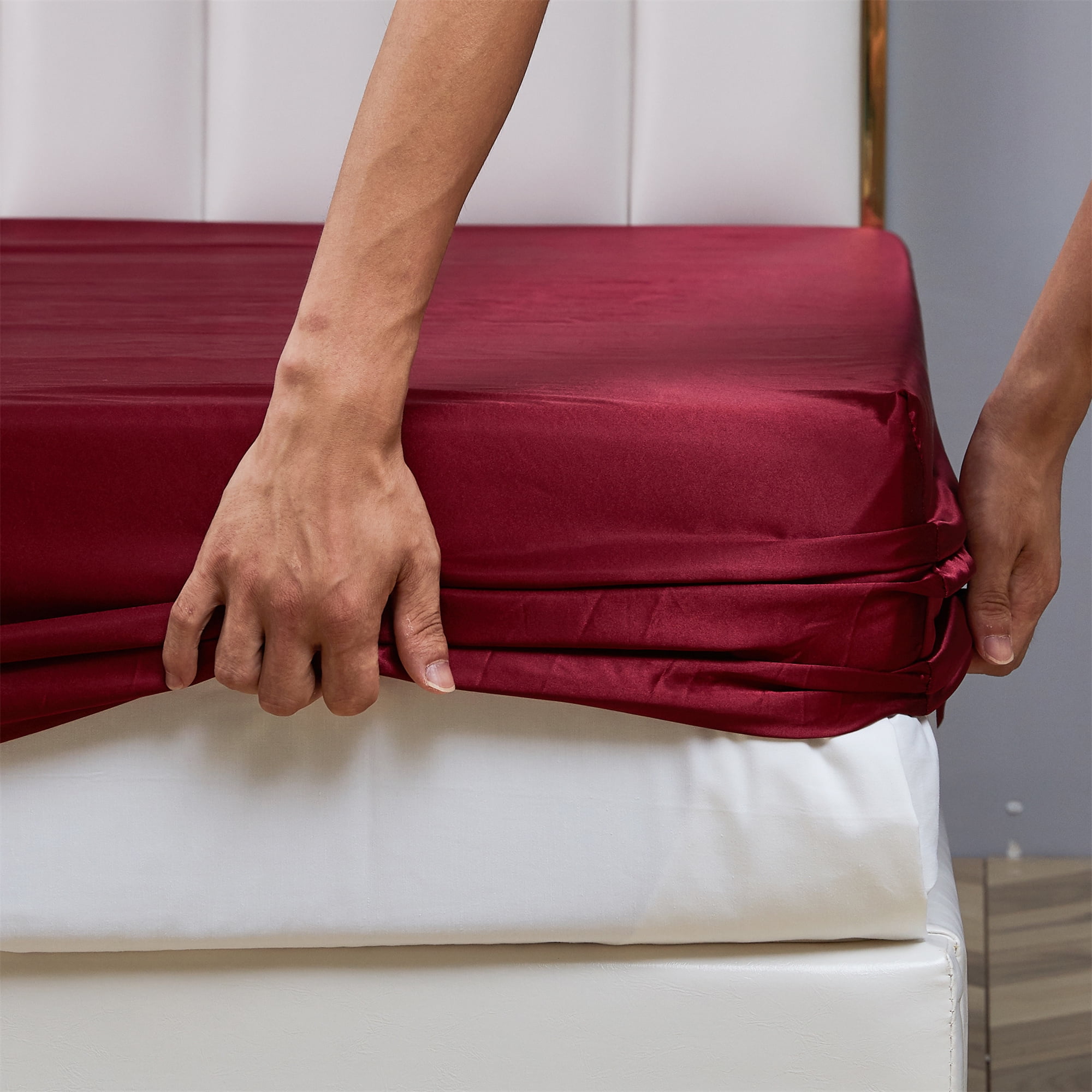 Anminy Fitted Sheet Deep Pocket Bed Sheet Satin Silk Sheets Ultra Soft