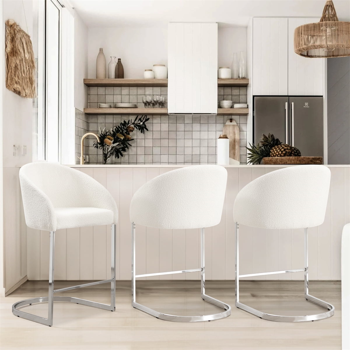 ANMINY Modern Counter Height Bar Stools Upholstered Boucle Fabric ...