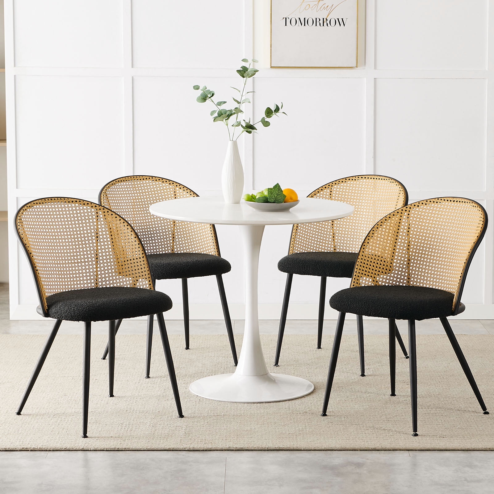 ANMINY Woven Rattan Dining Chairs, Set of 4, Curved Iron Legs, Mid ...