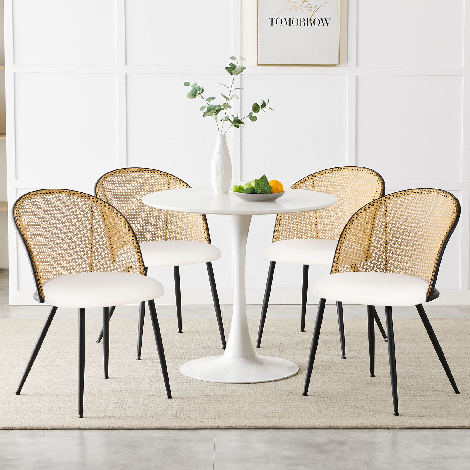 ANMINY Vintage Indoor Woven Rattan Dining Chairs, Set of 4, Mid-Century ...