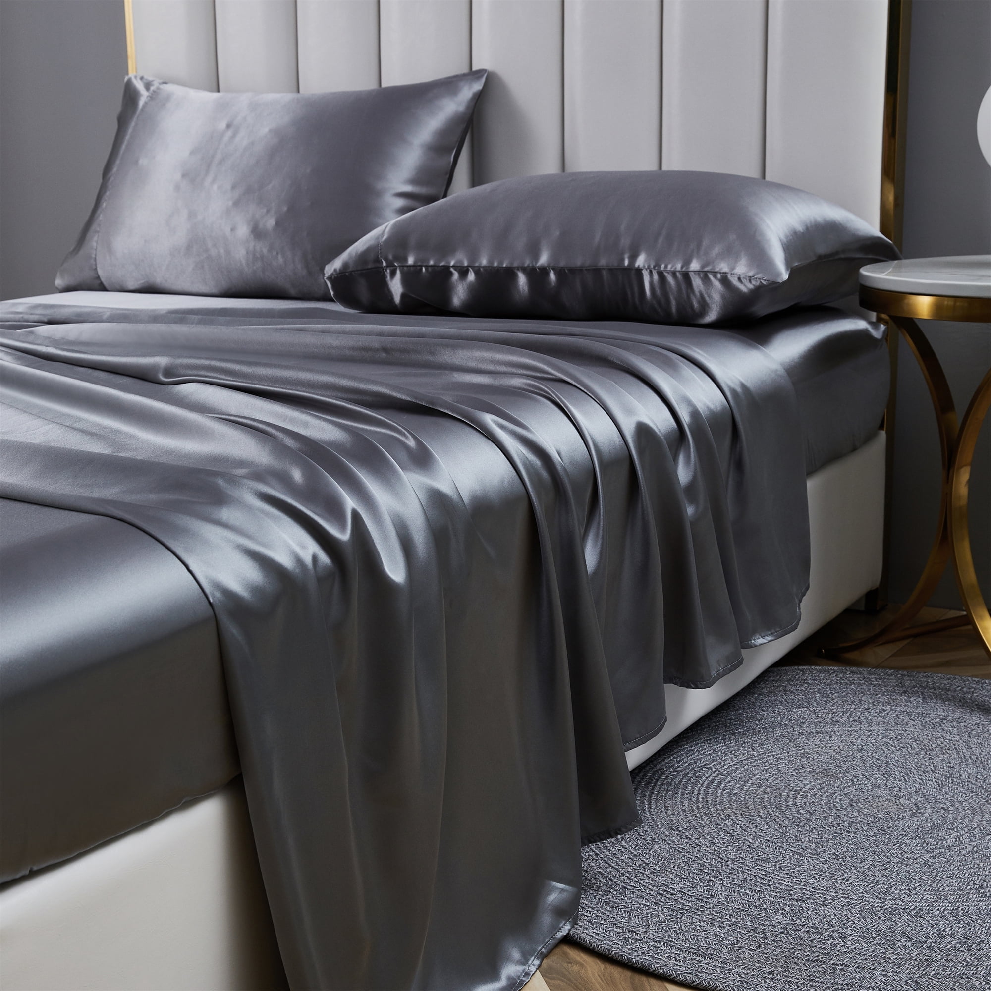 ANMINY Full Size Silky Satin Bed Sheet Set in Dark Gray, Deep Pocket, 4 ...