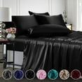 Anminy Queen Size Silky Satin Sheets Set Black Deep Pocket Bed Flat