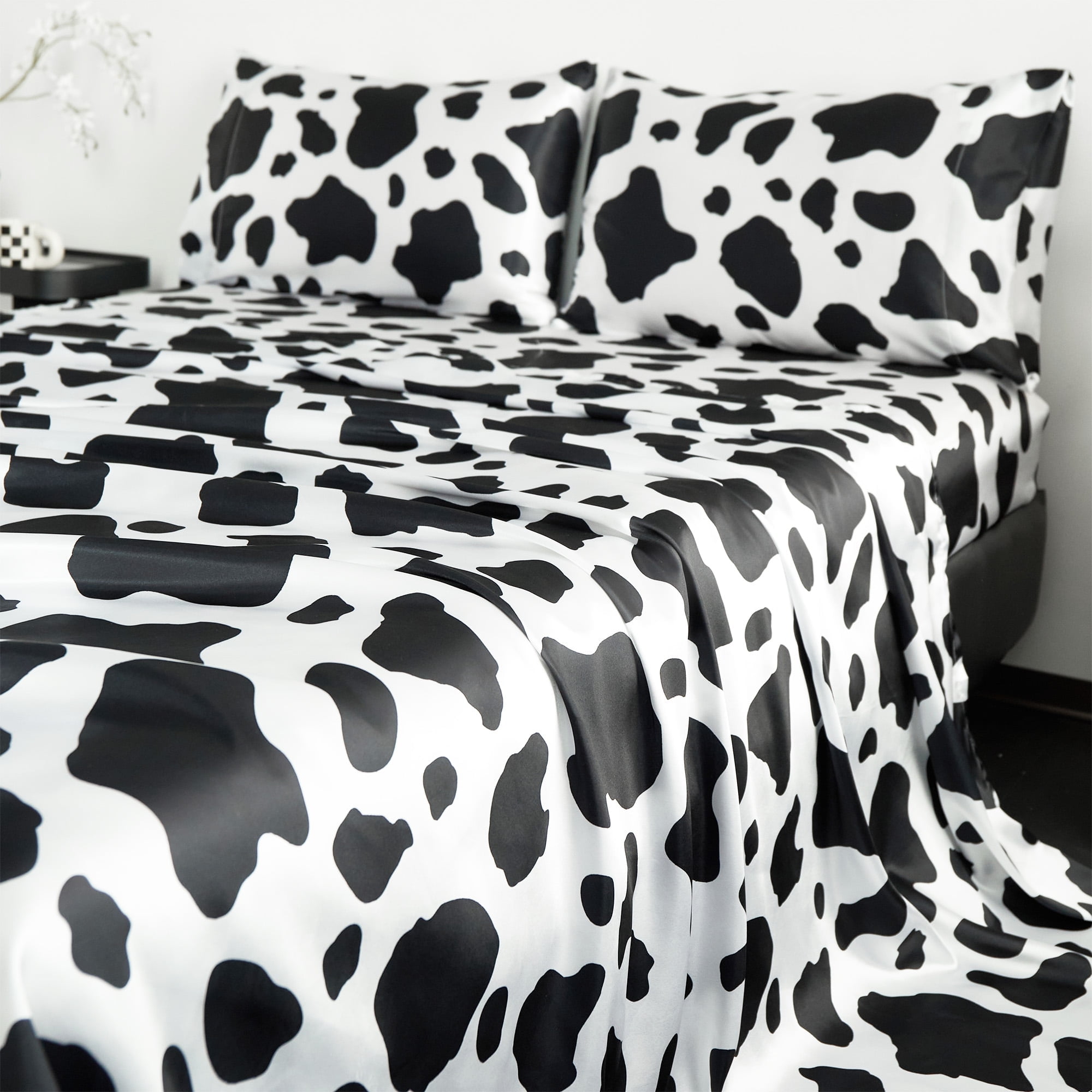 ANMINY Satin Sheets Queen Silk Sheets Cow Pattern Bed Sheet Set Deep ...