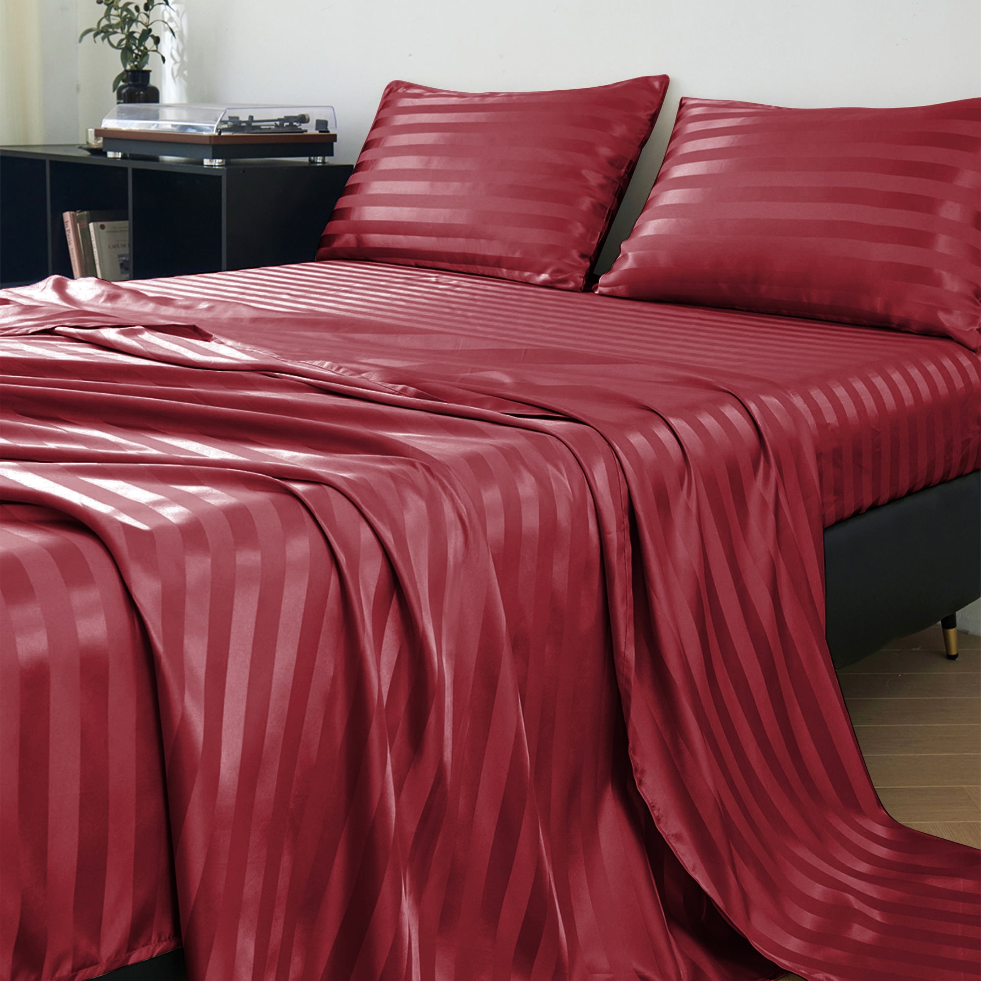 ANMINY Satin Sheets Queen Silk Sheets Dark Burgundy Stripe Bed Sheet ...