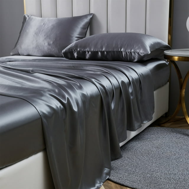 ANMINY Satin Sheets Queen Silk Sheets Dark Gray Bed Sheet Set Deep ...