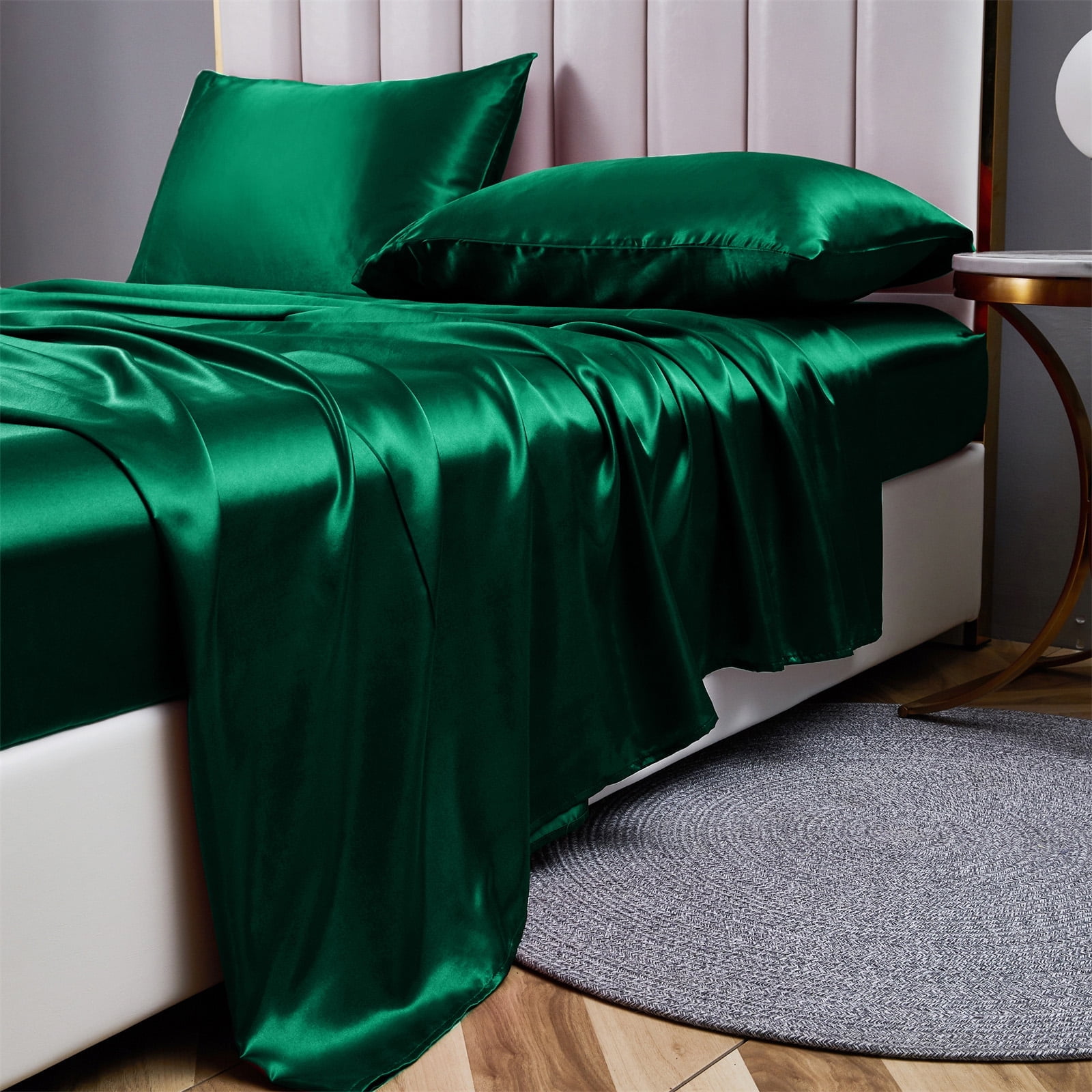 ANMINY Queen Size Silky Satin Sheets Dark Green, Deep Pocket Bed Fitted ...