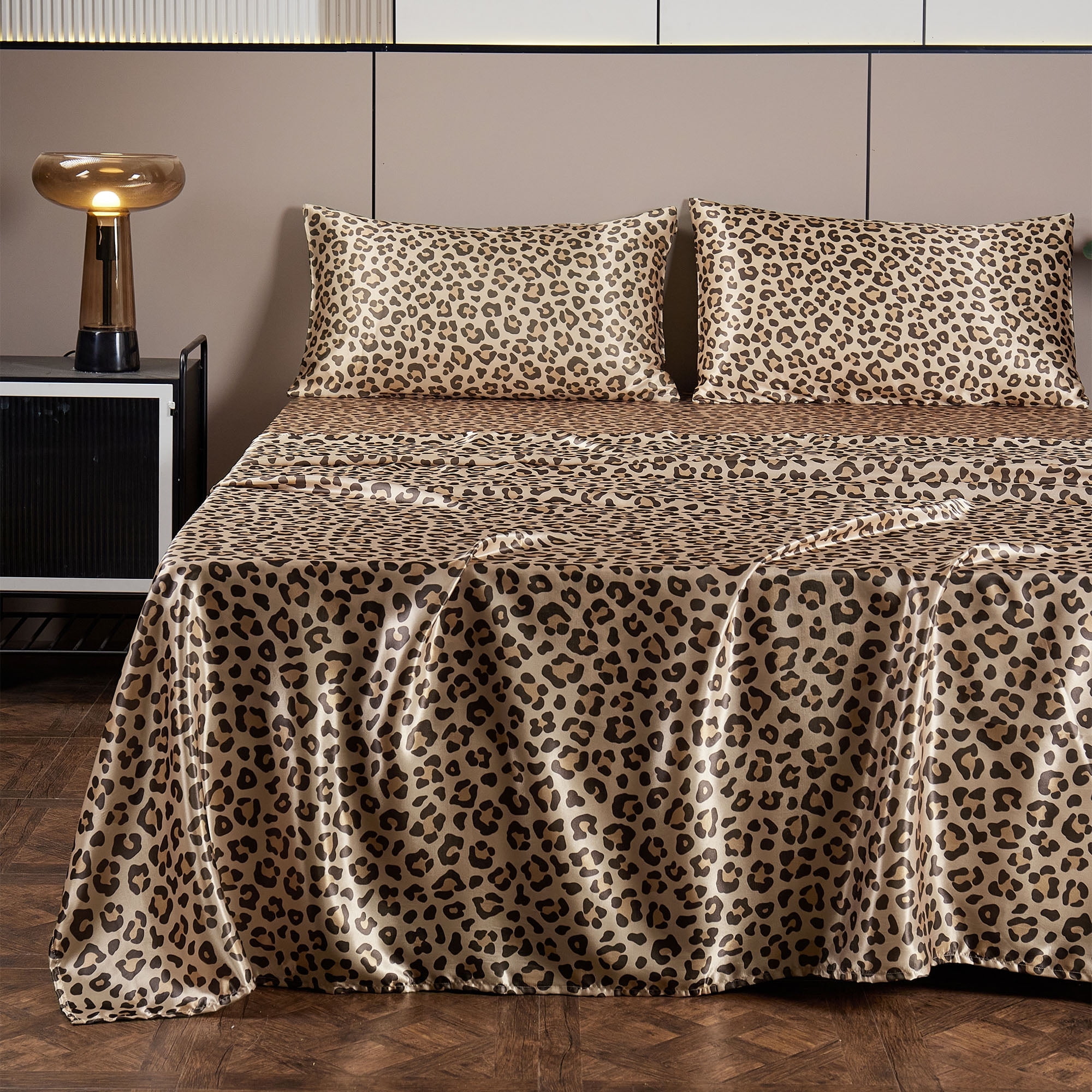 ANMINY Satin Sheets Queen Silk Sheets Gold Leopard Bed Sheet Set Deep ...