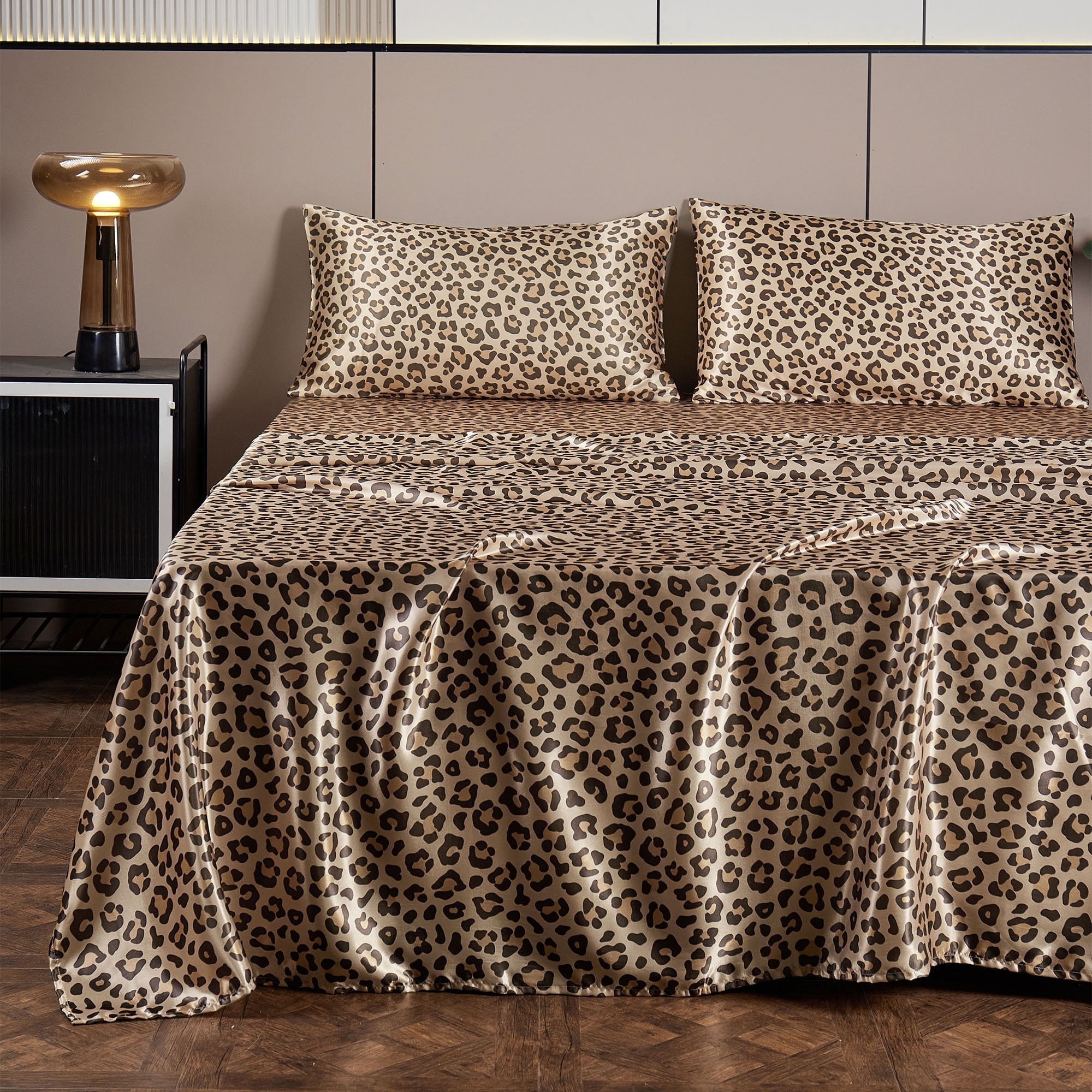 ANMINY Satin Sheets Queen Silk Sheets Gold Leopard Bed Sheet Set Deep ...