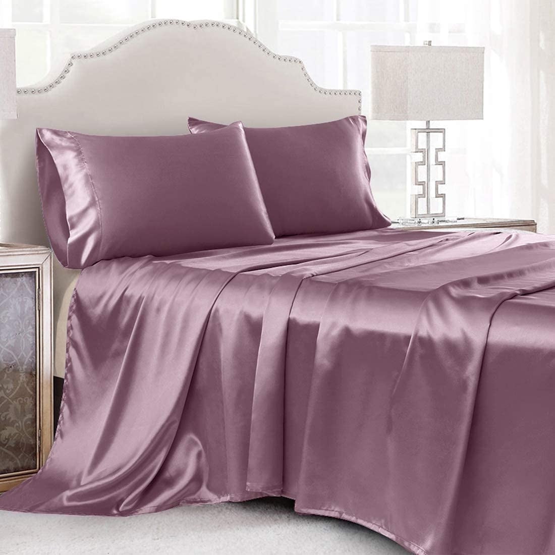 ANMINY Satin Sheets Silk Sheets King Bean Paste Color Bed Sheet Set ...