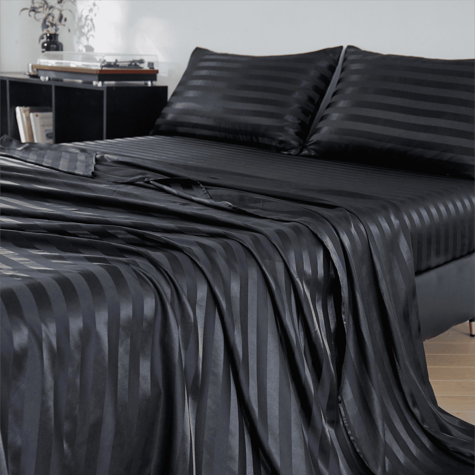 ANMINY King Size Silky Satin Sheets Set, Black Stripe, Deep Pocket Bed ...