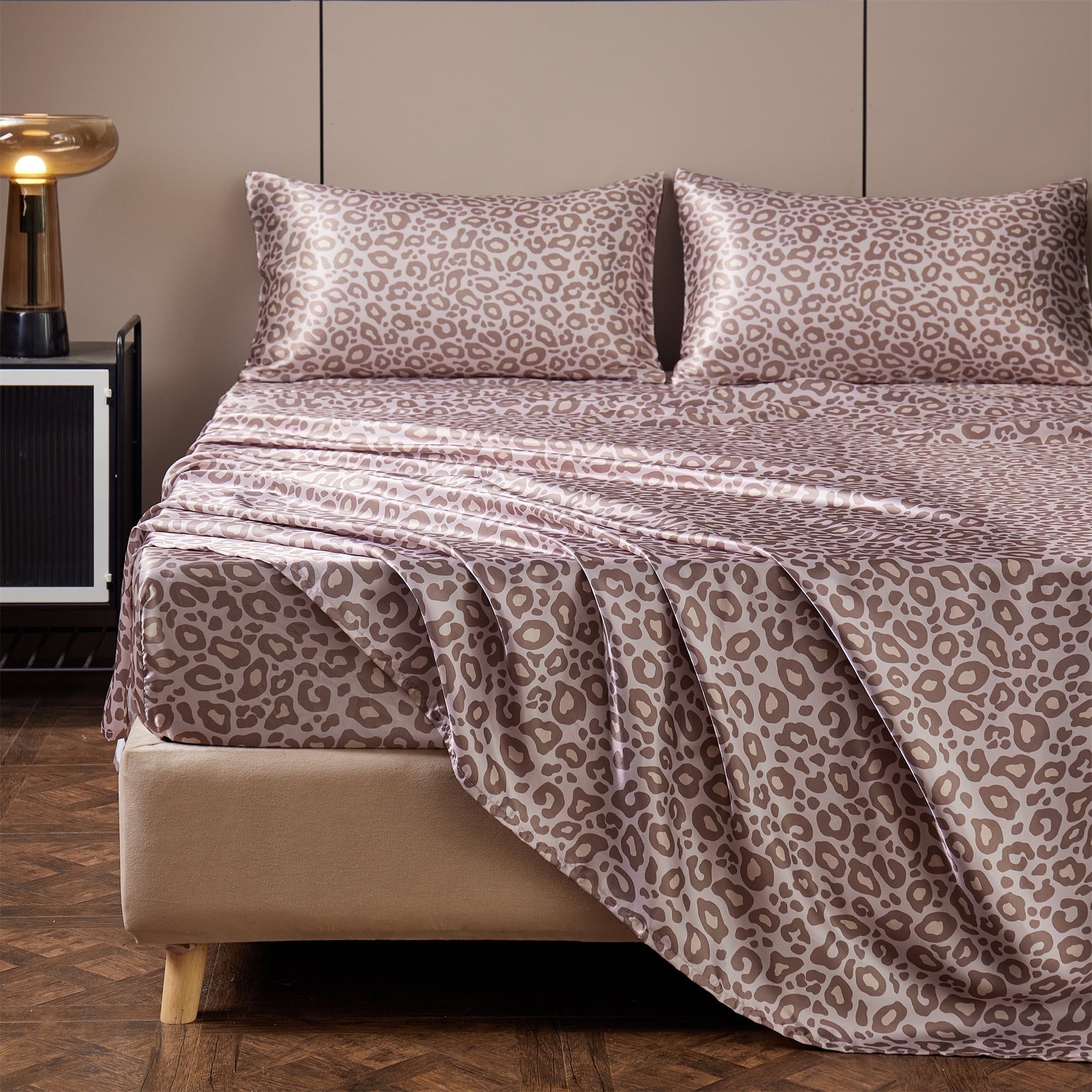 ANMINY Satin Sheets Silk Sheets King Pink Leopard Bed Sheet Set Deep ...