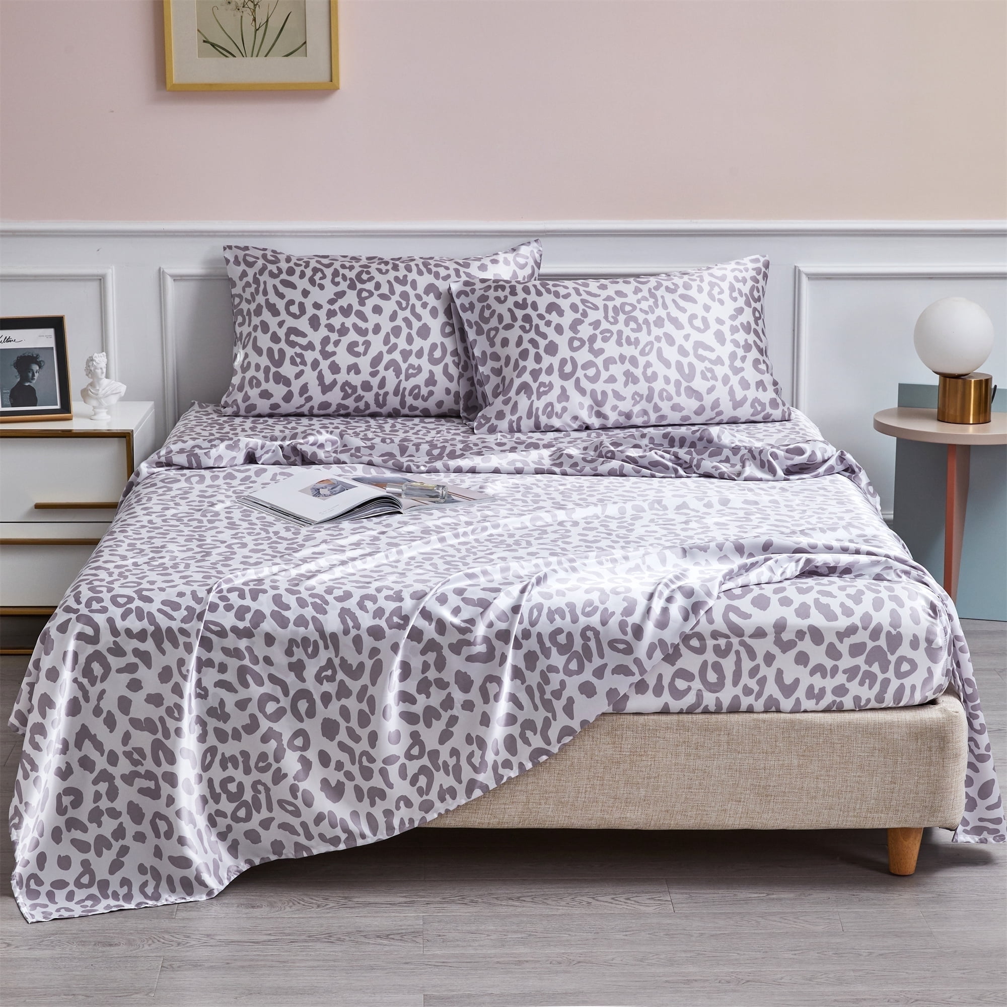 ANMINY Satin Sheets Silk Sheets King Silver Leopard Bed Sheet Set Deep ...