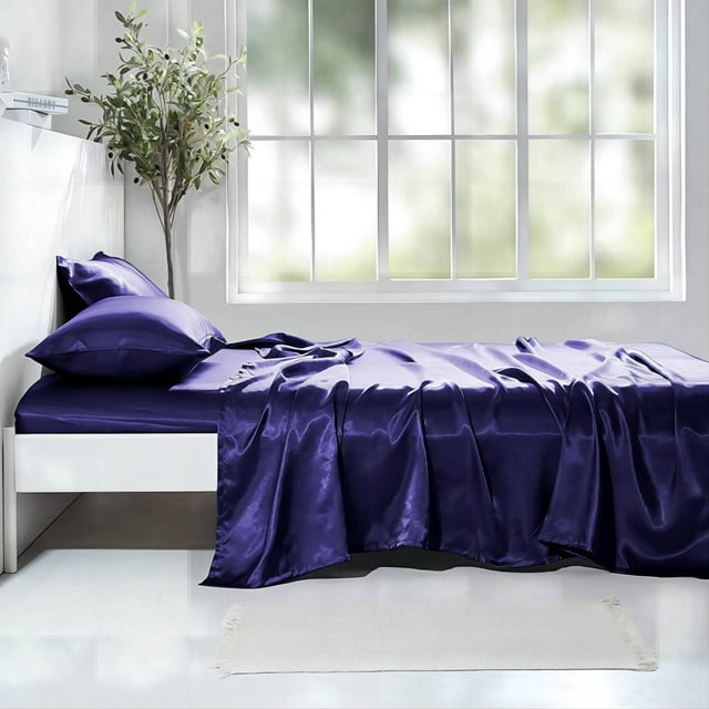 Anminy Luxury Twin Size Silky Satin Blue Sheets With Deep Pocket 3