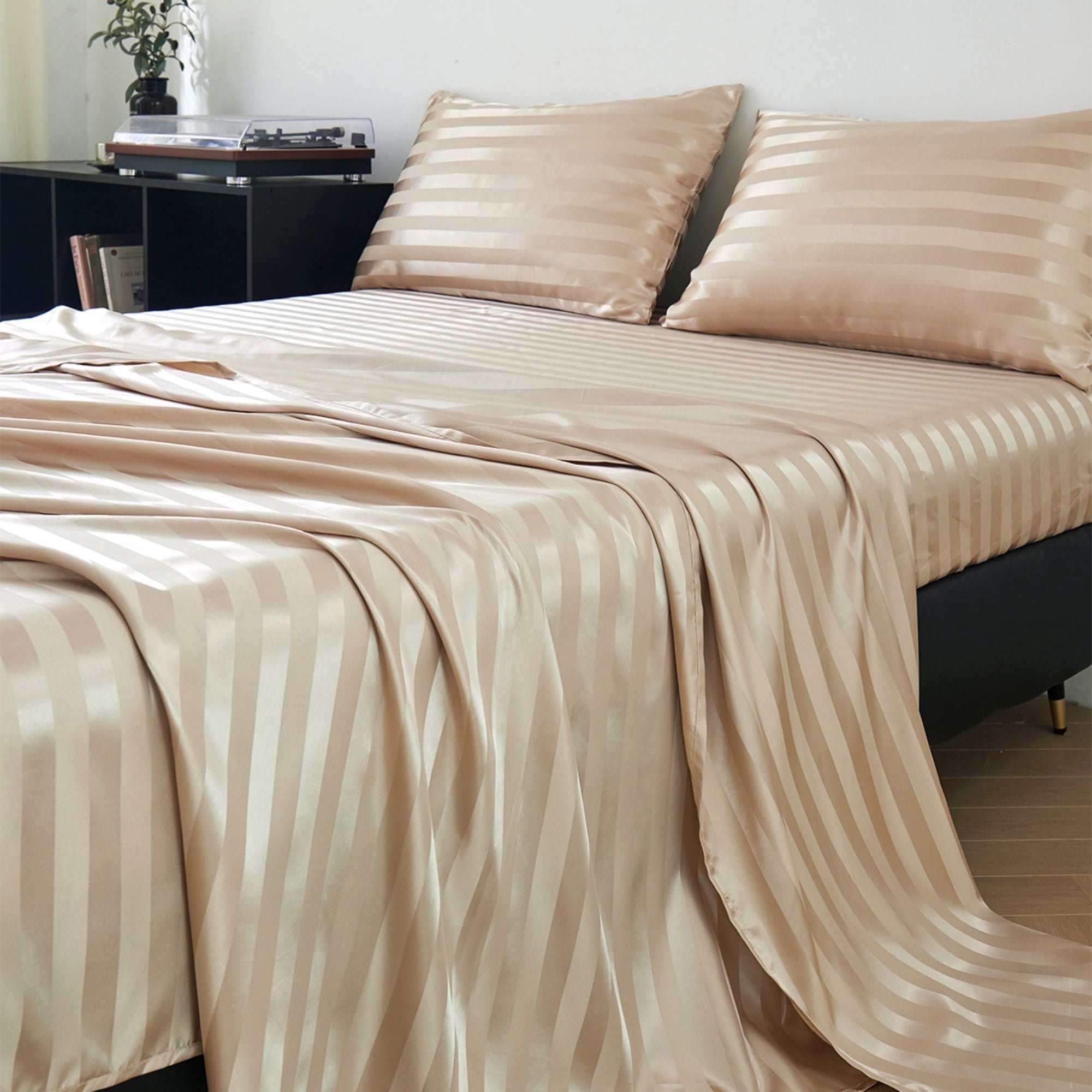 ANMINY Satin Sheets 3-Pieces Twin Silk Sheets Khiki Stripe Bed Sheet ...