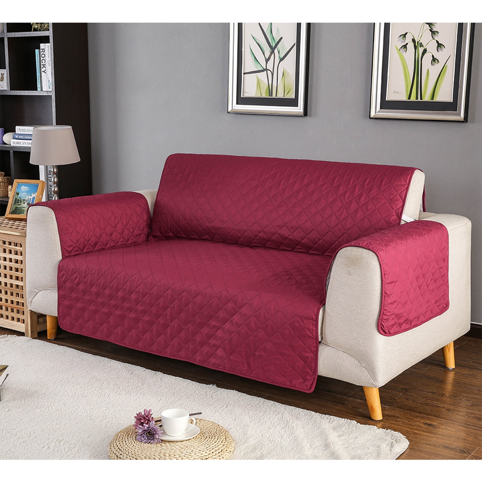 ANMINY Sofa Cover Slipcover 1/2/3 Seaters Couch Cover Non-slip Burgundy ...