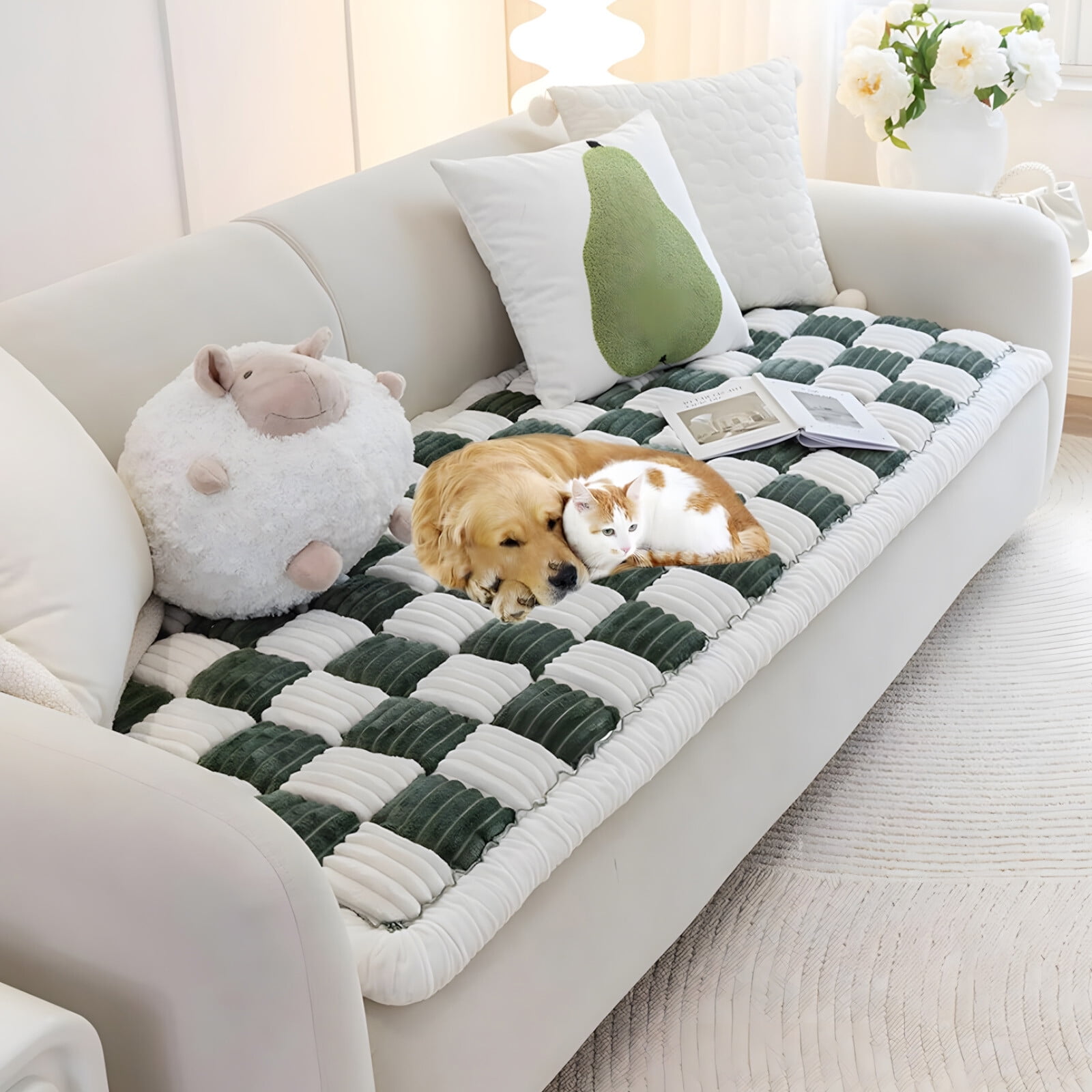 ANMINY Thick Fuzzy Checkered Couch Cover, Non-Slip Nordic Cream Sofa ...