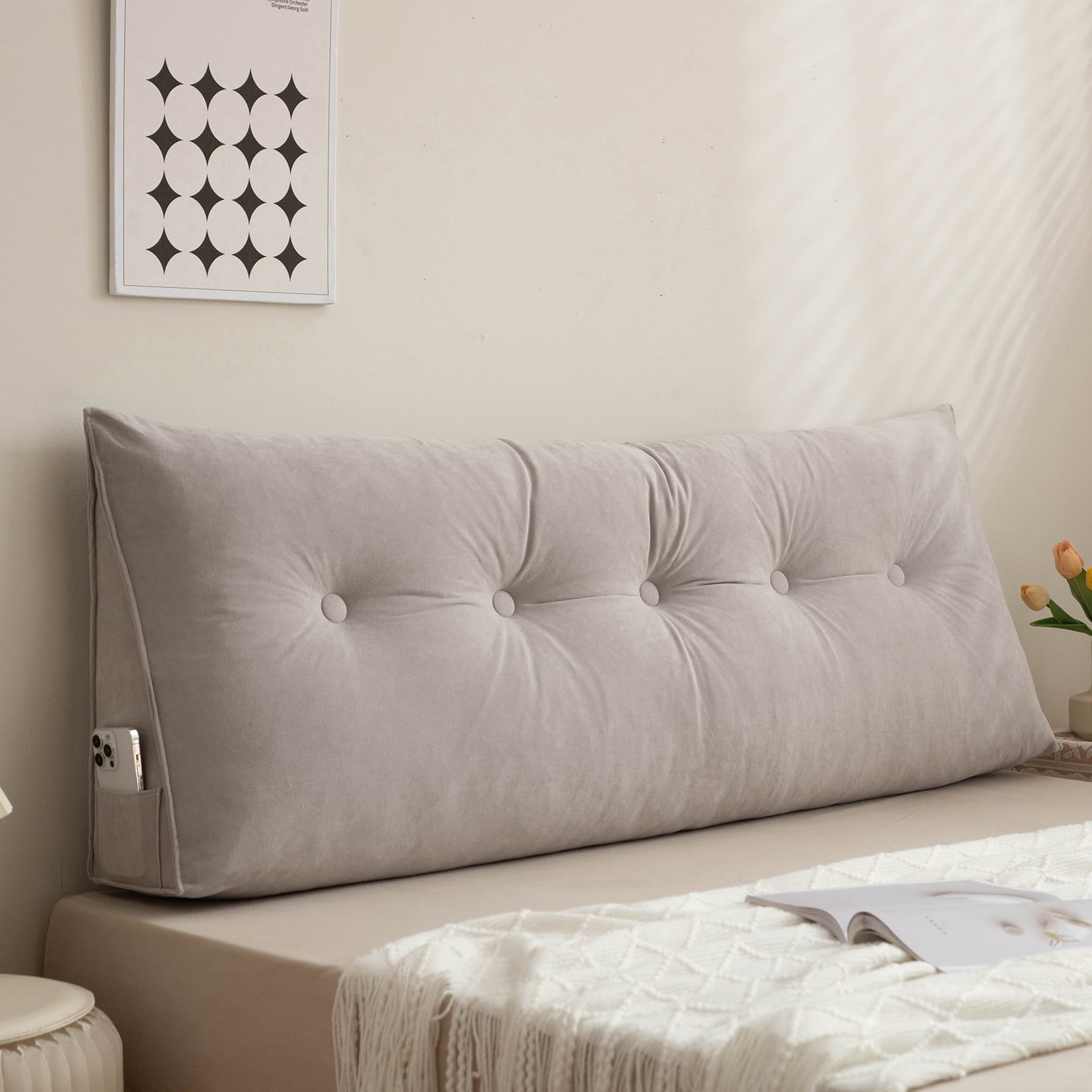 ANMINY Triangular Headboard Pillow with Side Pockets, Chenille Fabric ...
