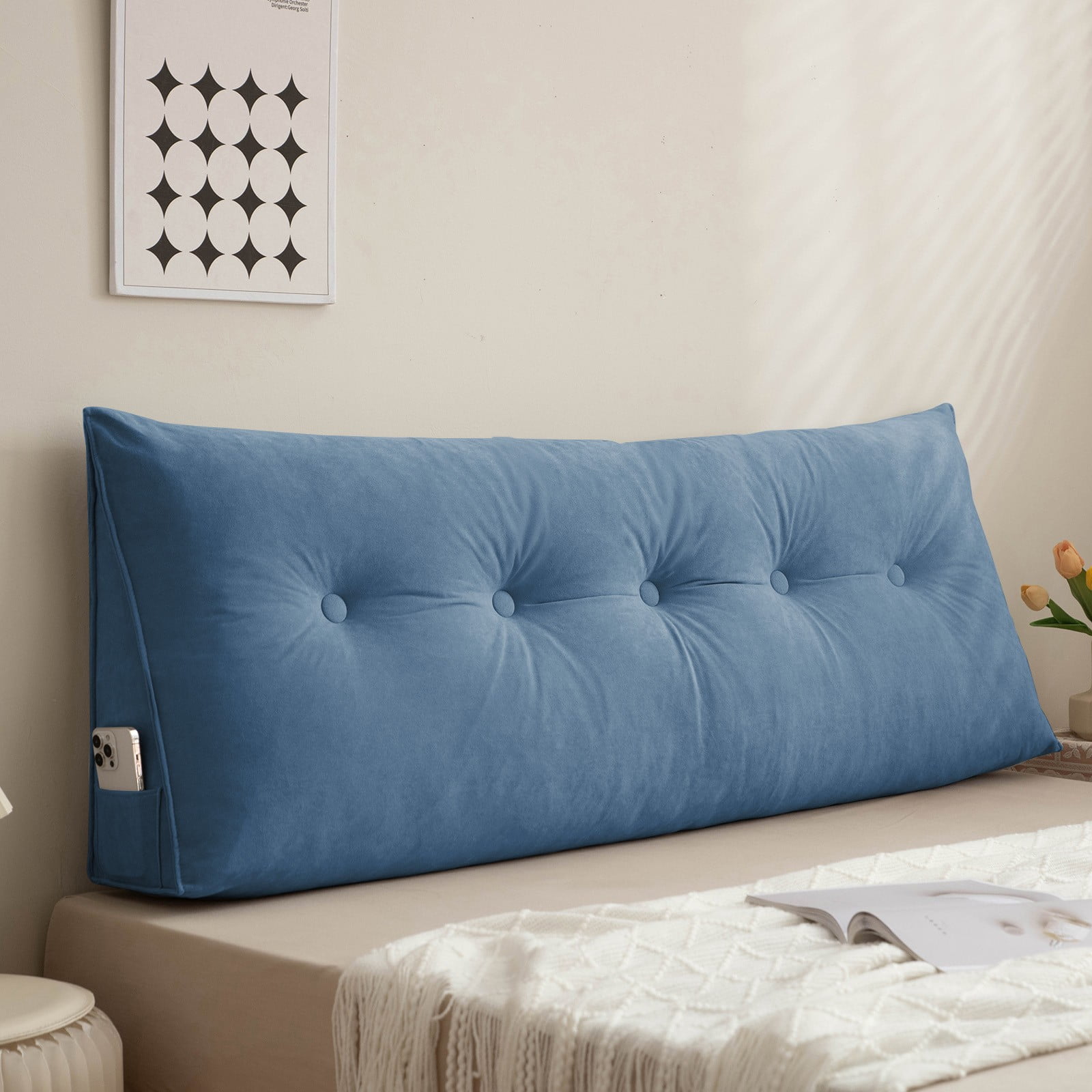 ANMINY Triangular Headboard Pillow with Side Pockets, Chenille Fabric ...