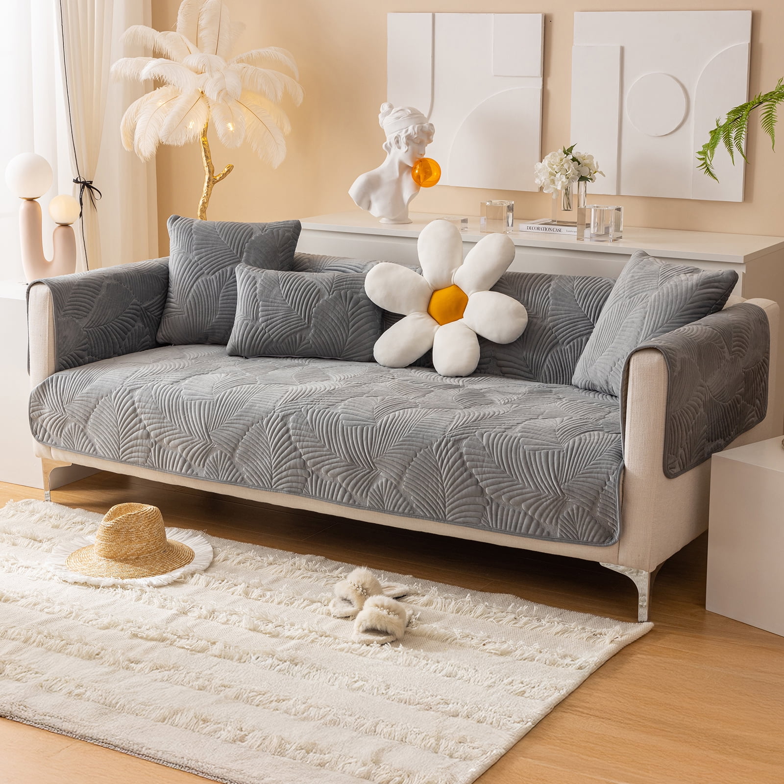 ANMINY Velvet Couch Cover Quilted Velvet Embossed Leaf Pattern Sofa ...