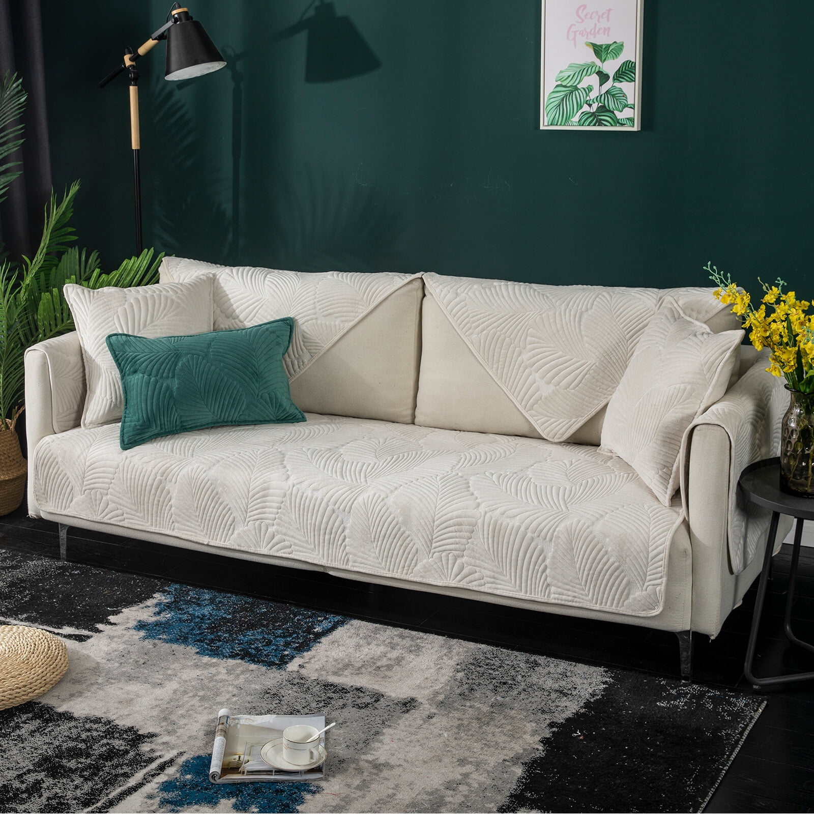 ANMINY Velvet Couch Cover Quilted Velvet Embossed Leaf Pattern Sofa ...