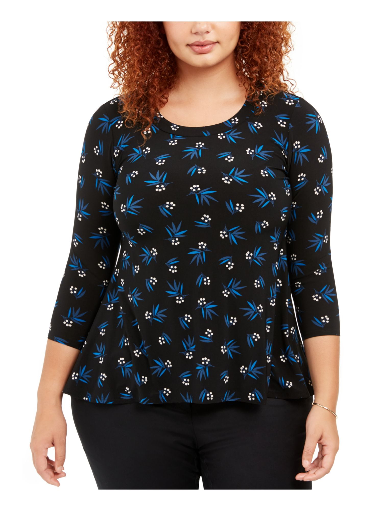 ANNE KLEIN Womens Black Printed 3/4 Sleeve Jewel Neck Top Plus Size: 0X ...