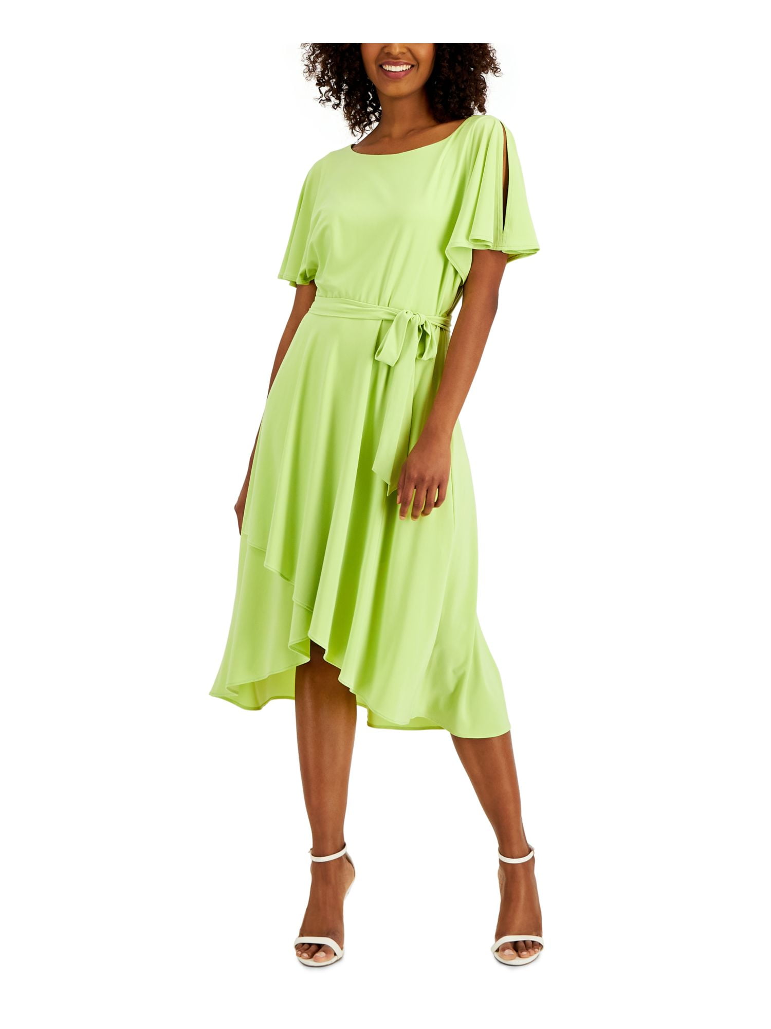 ANNE KLEIN Womens Green Tie Zippered Lined Slit Cuffs Flutter Sleeve ...