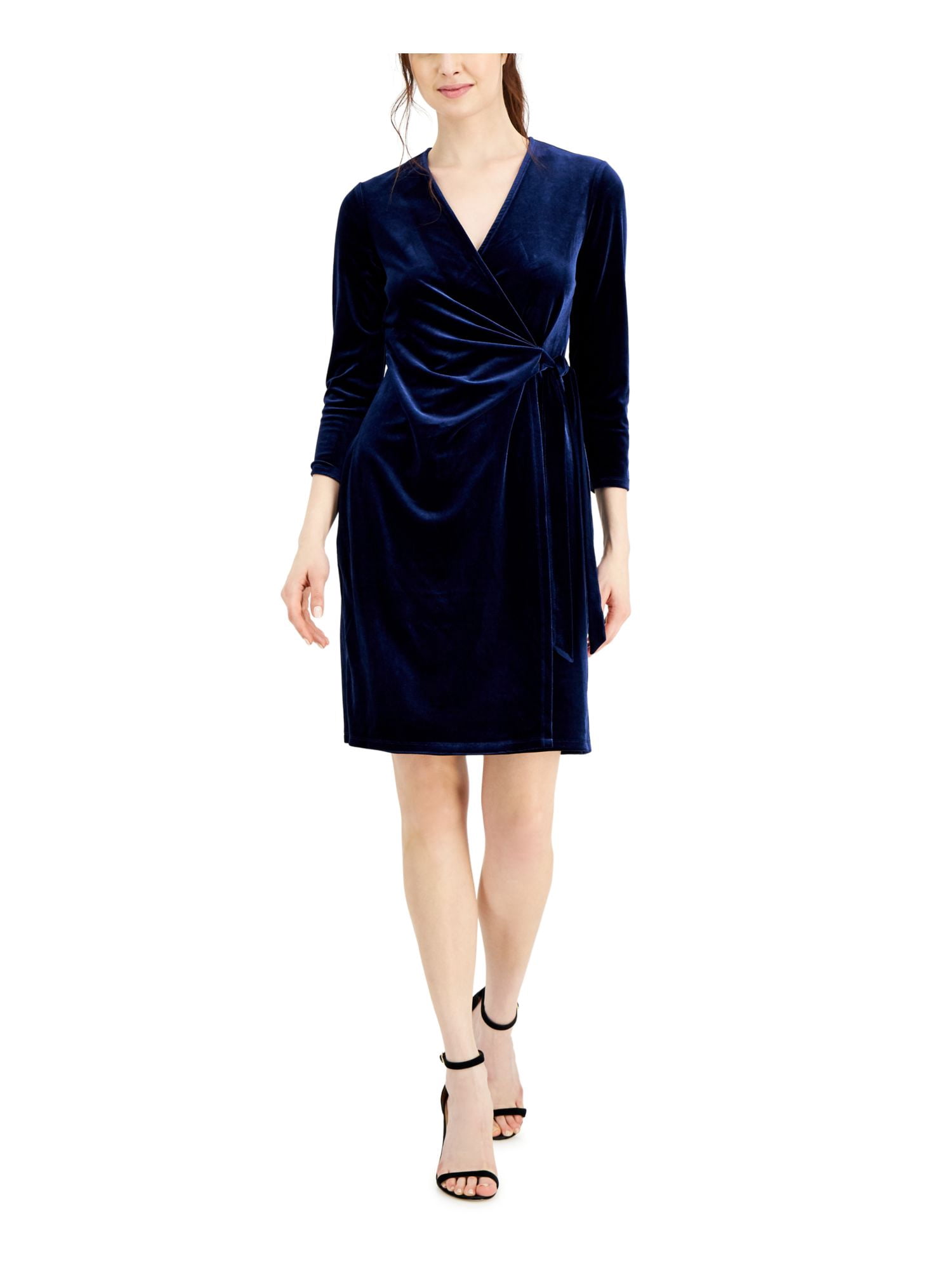 ANNE KLEIN Womens Navy Tie 3/4 Sleeve V Neck Above The Knee Evening ...