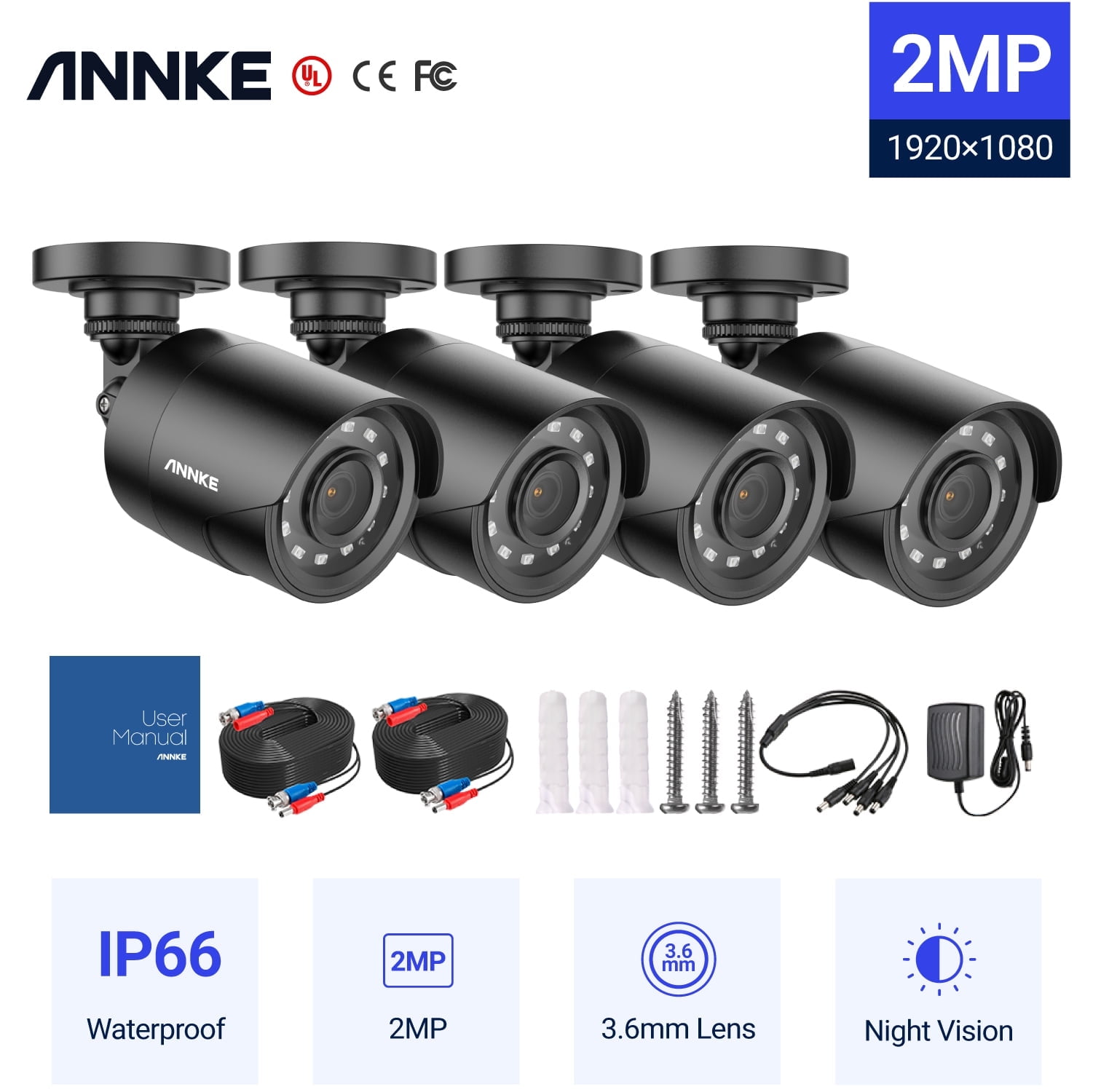 ANNKE 1080p HD-TVI 2MP Security Camera, Smart IR, Indoor/Outdoor, 100ft ...
