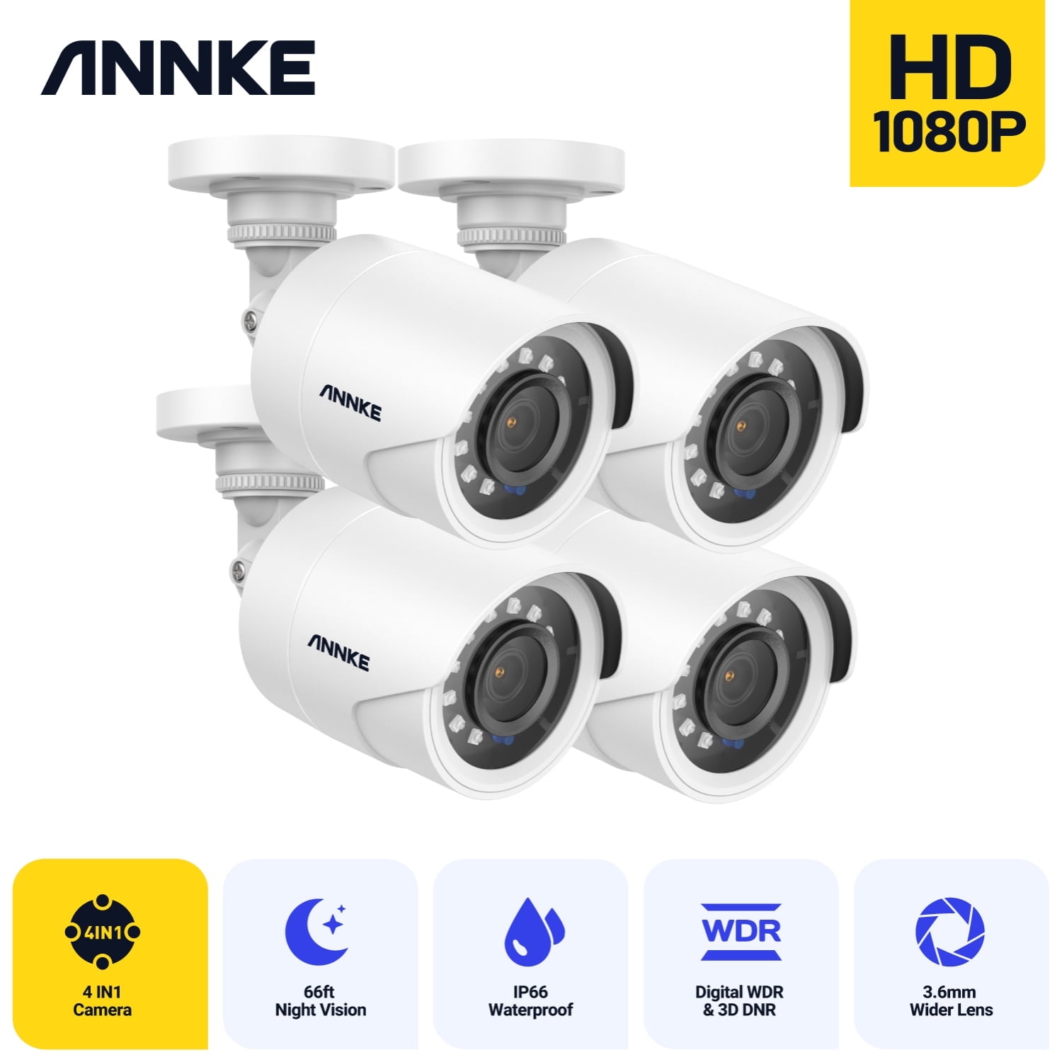 ANNKE 2MP 4PCS AHD/TVI/CVI/CVBS 4-in-1 Security Bullet Camera, IP66 ...