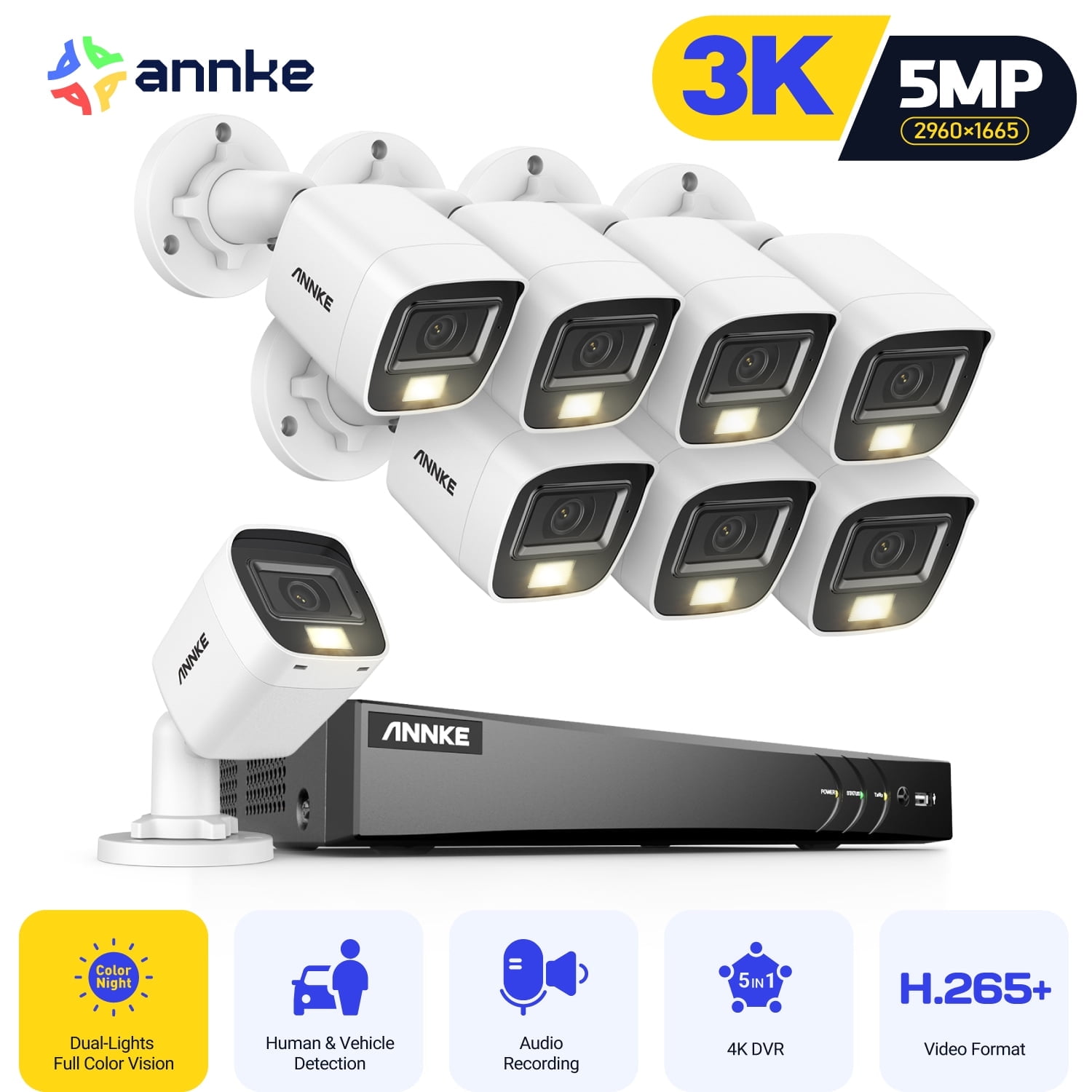 ANNKE 3K 8CH 4PCS Dual Light Cameras Wired Security System, Color & IR ...