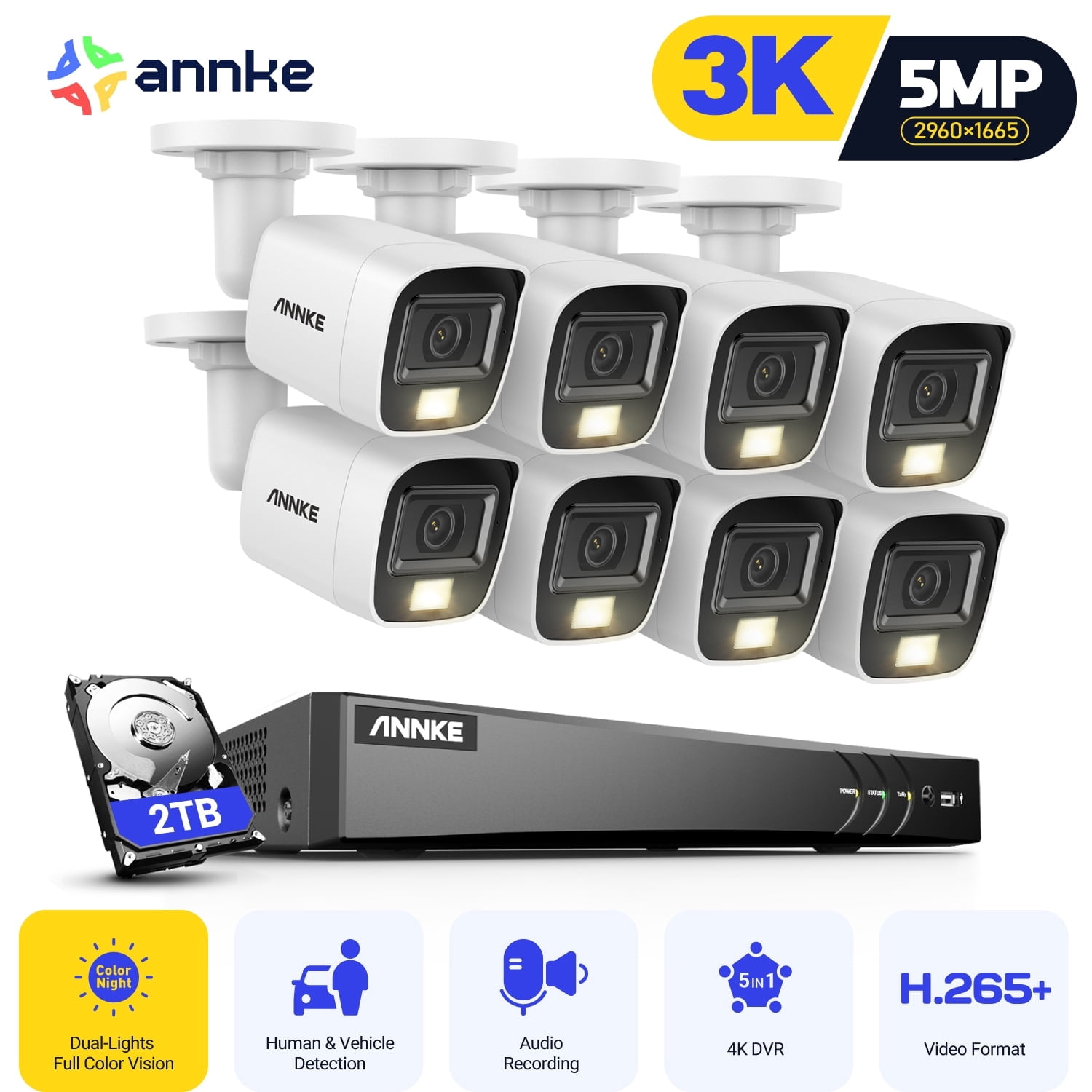 ANNKE 3K 8CH 8PCS Dual Light Cameras Wired Security System, Color&IR ...