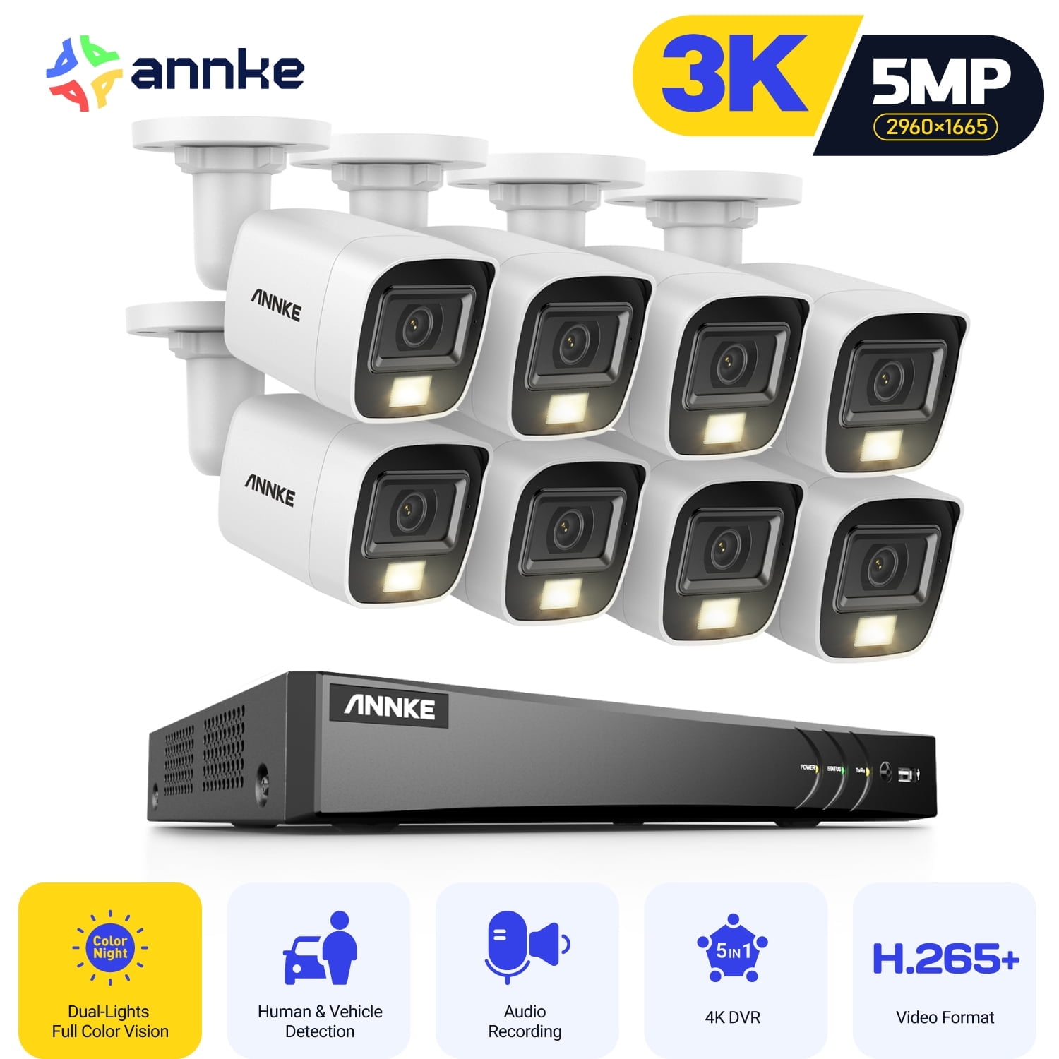 ANNKE 3K 8CH 8PCS Dual Light Cameras Wired Security System, Color&IR ...