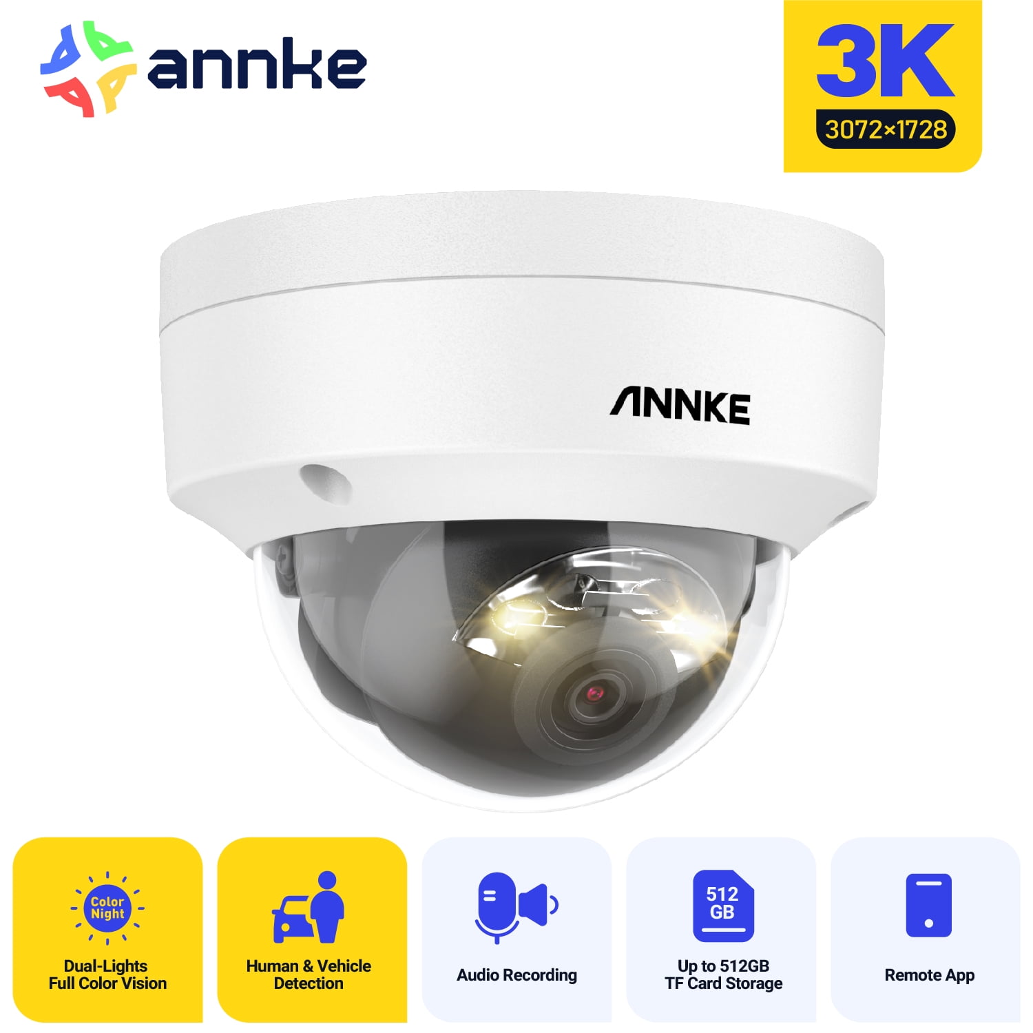 ANNKE 3K IP Camera, H.265+ 5MP Dome PoE Camera, AI Human Vehicle ...