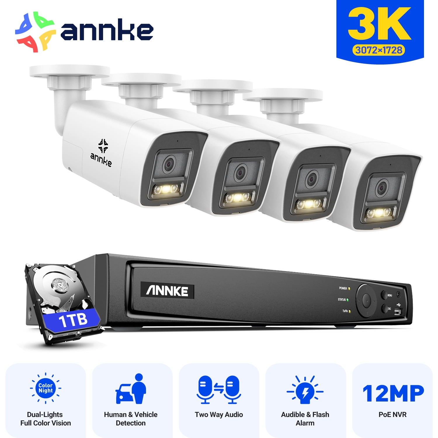 ANNKE 3K POE Color Security Camera System 2-Way Audio 8CH 12MP NVR ...