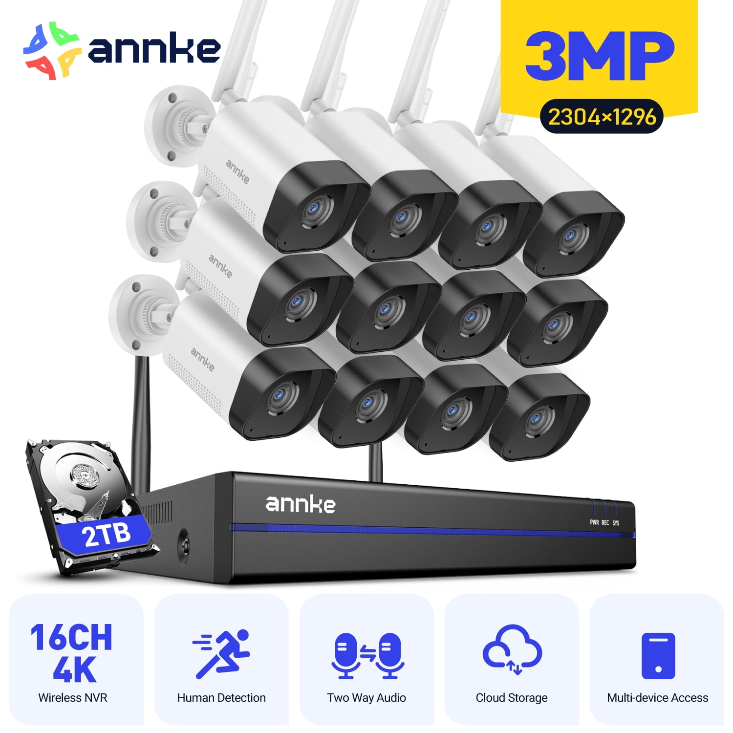 ANNKE Outdoor Wireless Security Cameras, 16CH 4K NVR Expandable with 12 ...