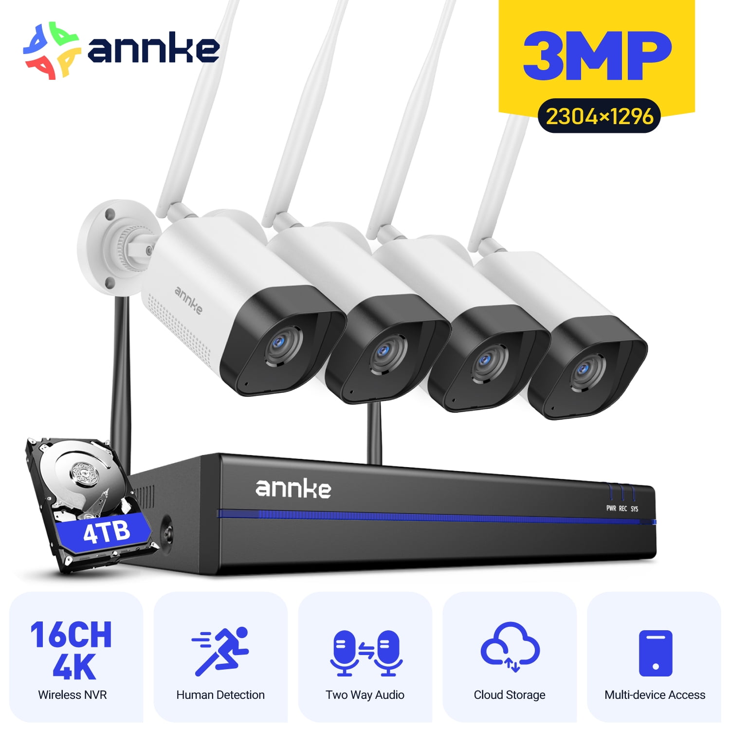 ANNKE Camera System, 16CH 4K NVR with 4 Cam 3MP, 4TB HDD, Wireless ...